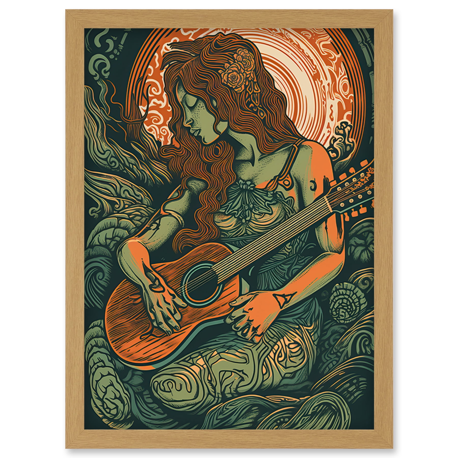 Melancholic Woman with Guitar Linocut Illustration Artwork Framed Wall ...