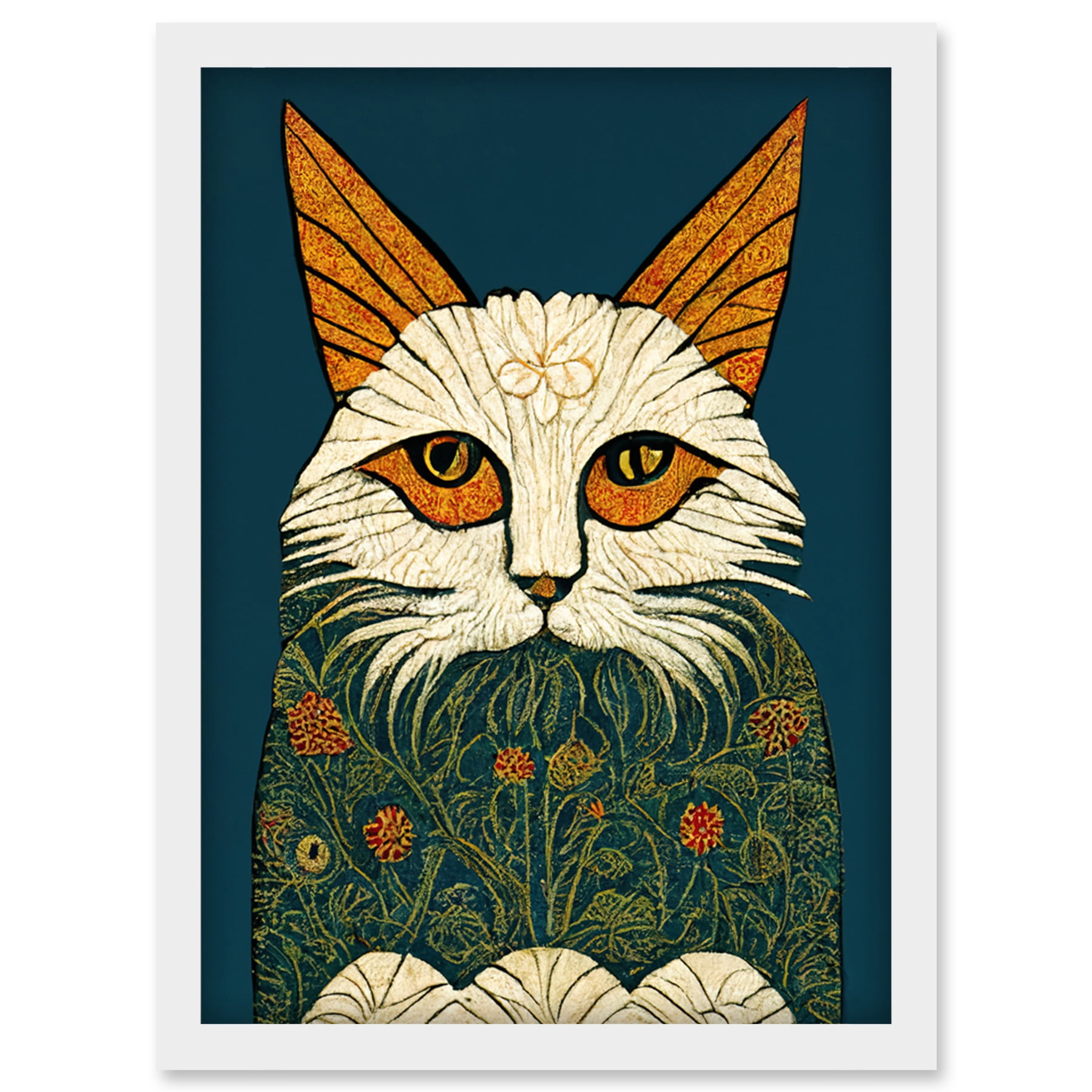 Melancholy Moggie Cat Illustration William Morris Style Teal Gold ...