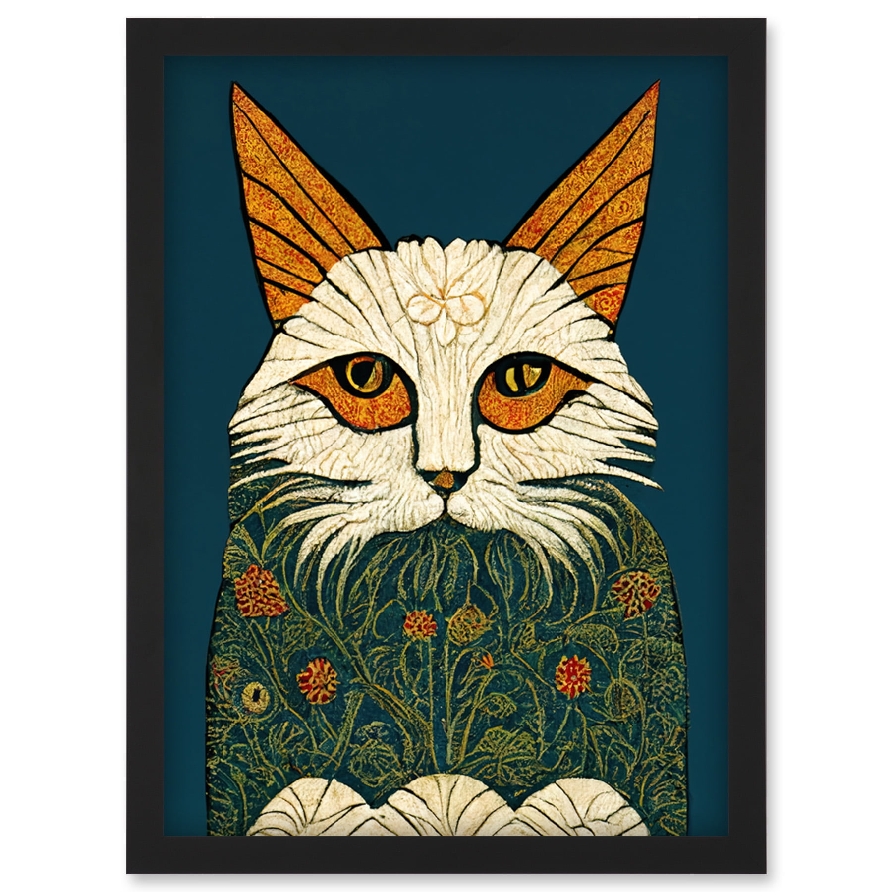 Melancholy Moggie Cat Illustration William Morris Style Teal Gold ...