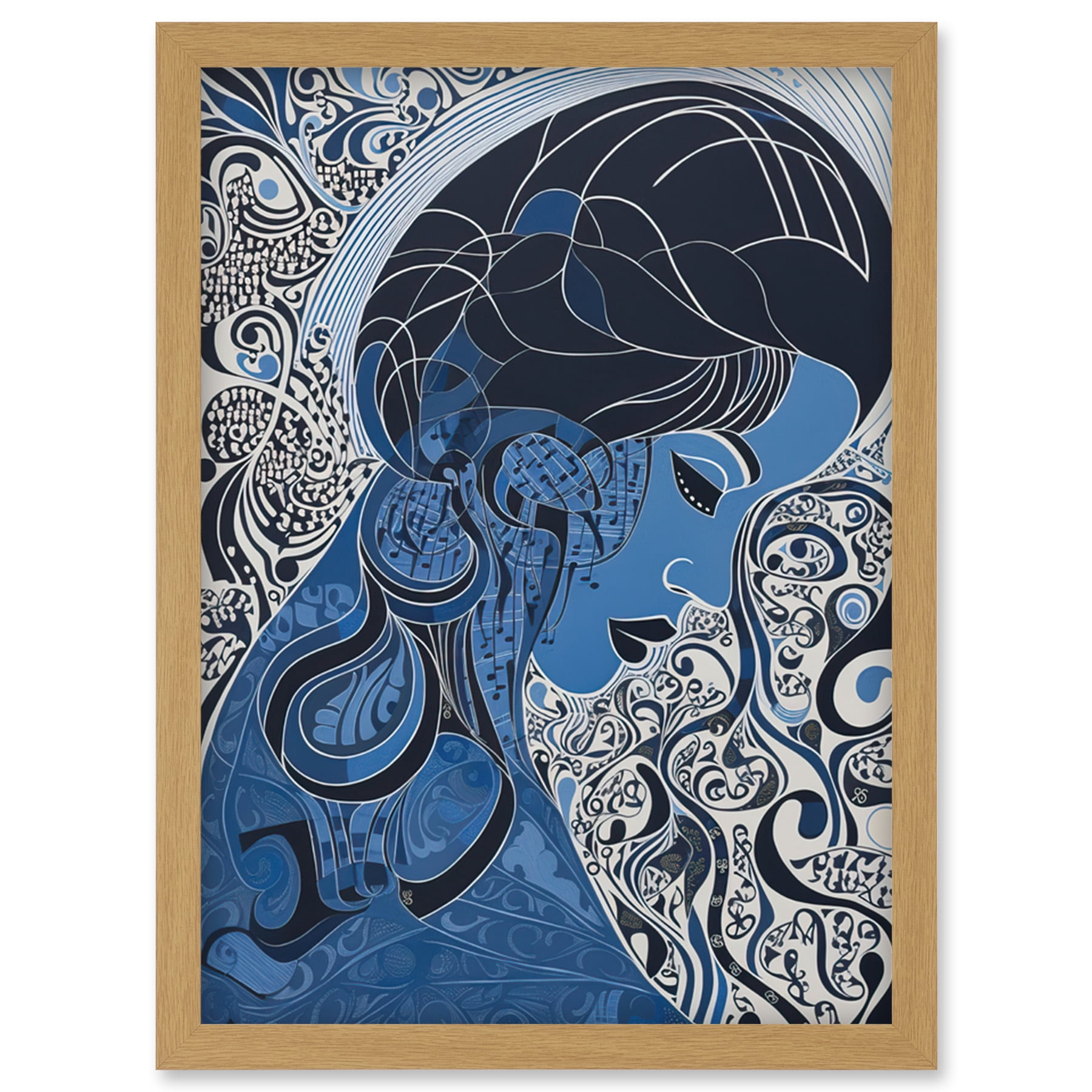 Melancholy in Blue Woman Modern Folk Art Portrait Artwork Framed Wall ...