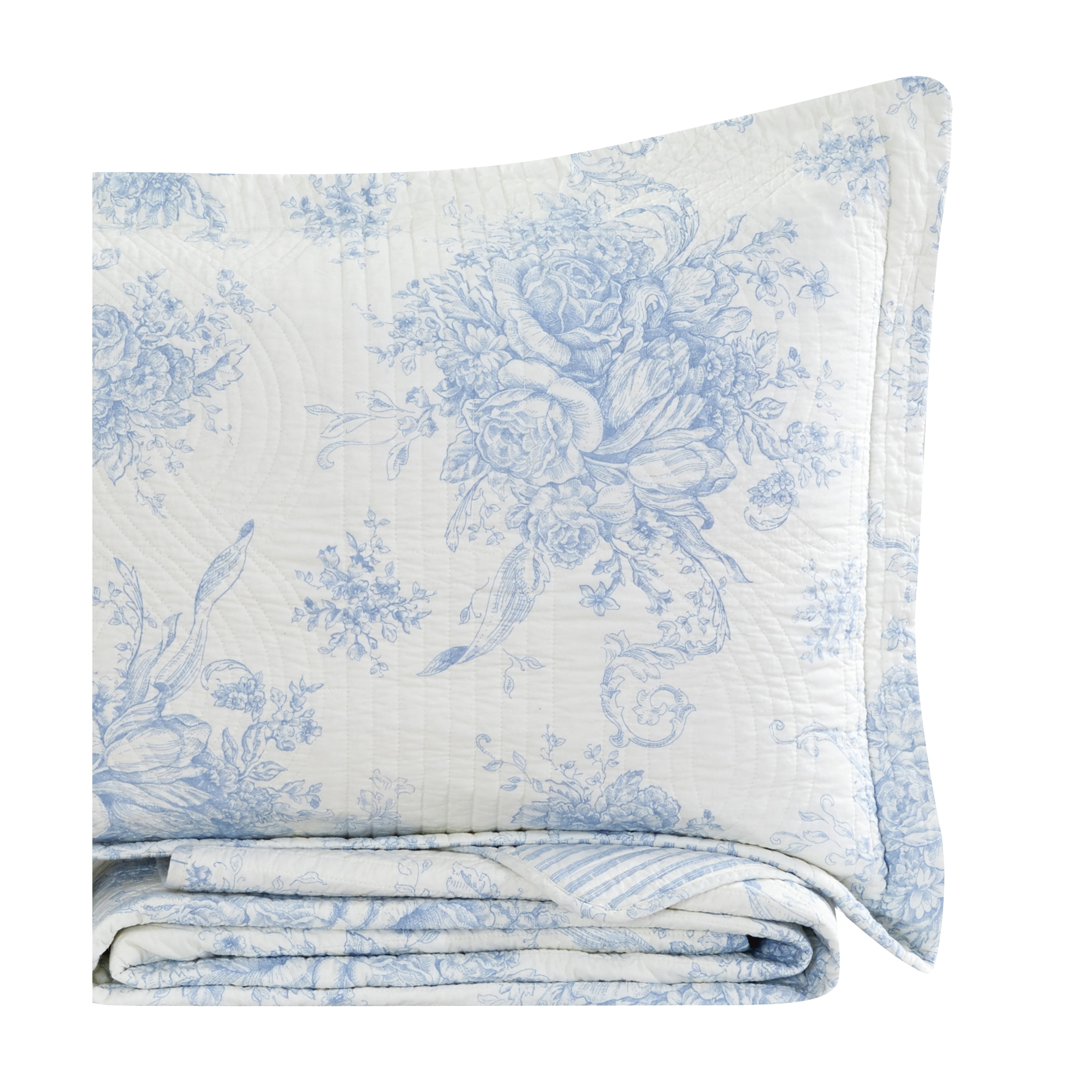 Melange Home Toile and Bamboo Stripes Reversible Cotton Quilt Set Light ...