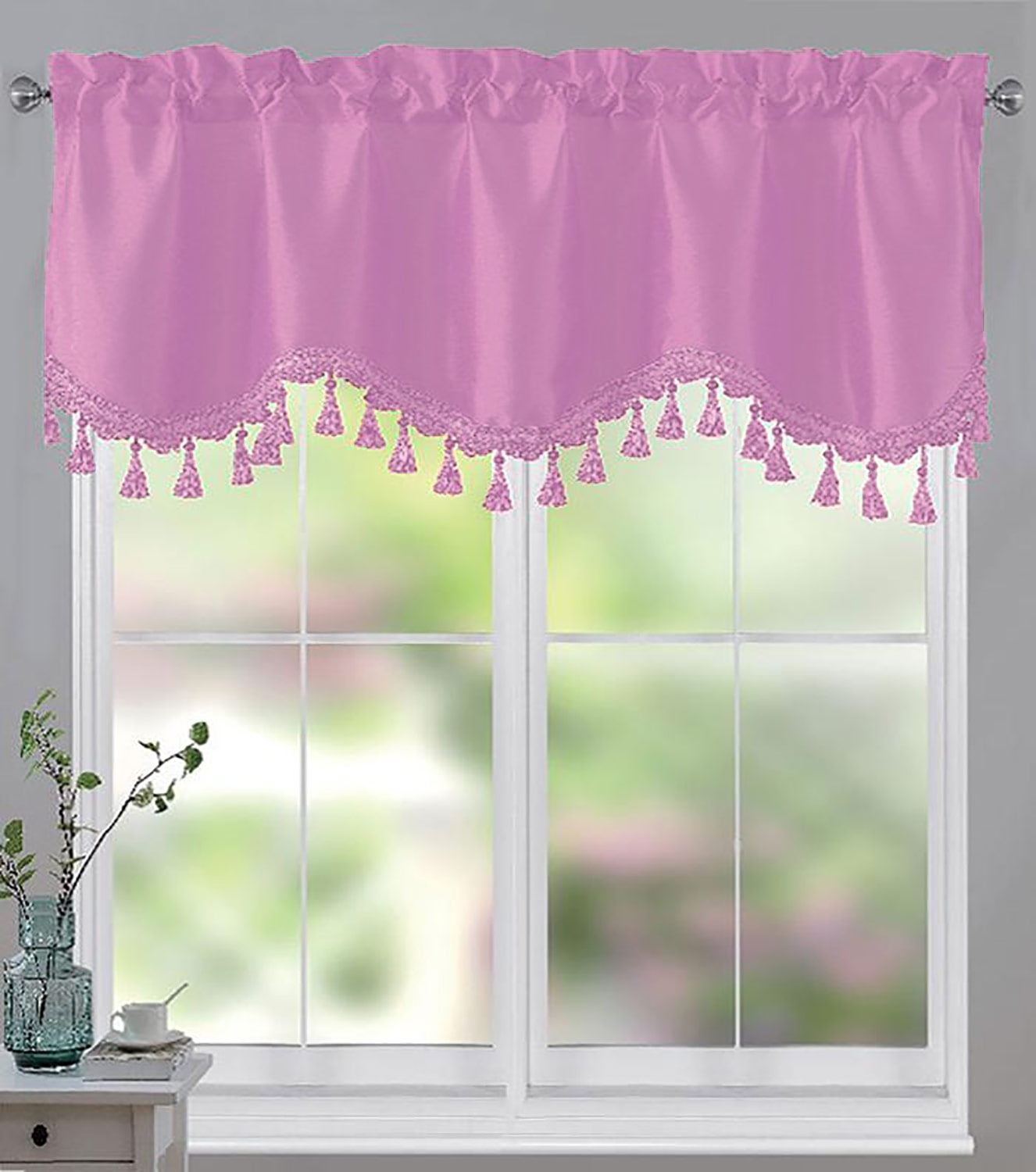 Melanie Faux Silk Scalloped Window Valance With Beaded Tassels, Lilac ...
