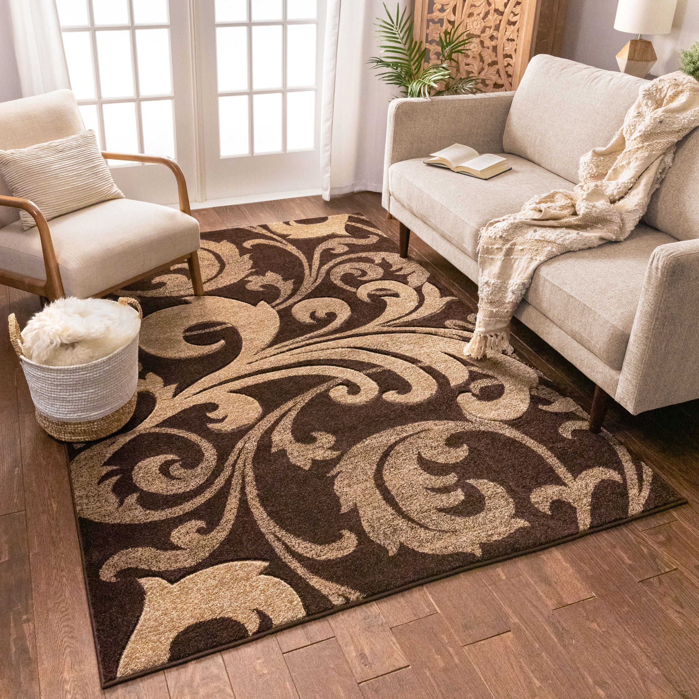 Melanie Floral Brown & Beige Modern Geometric Comfy Casual Fleur-de-Lis ...