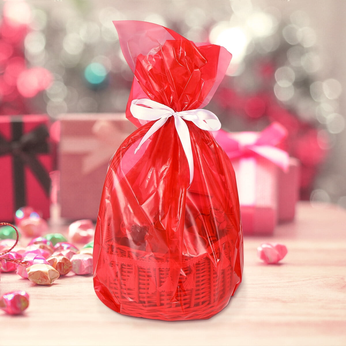 OUNONA STOBOK Bright Red Cellophane Wrap Roll 3 Mil Thick for Gift ...