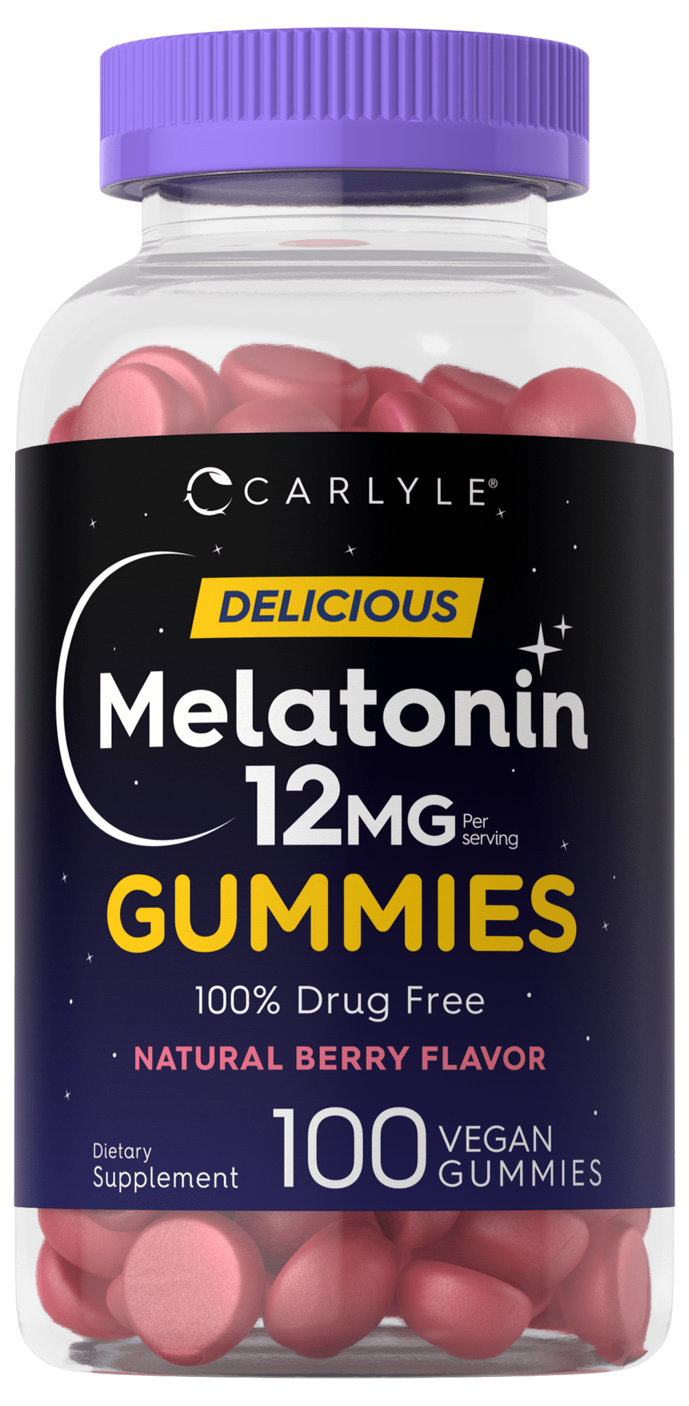 Melatonin 12mg | 100 Vegan Gummies | Natural Berry Flavor | by Carlyle - Walmart.com