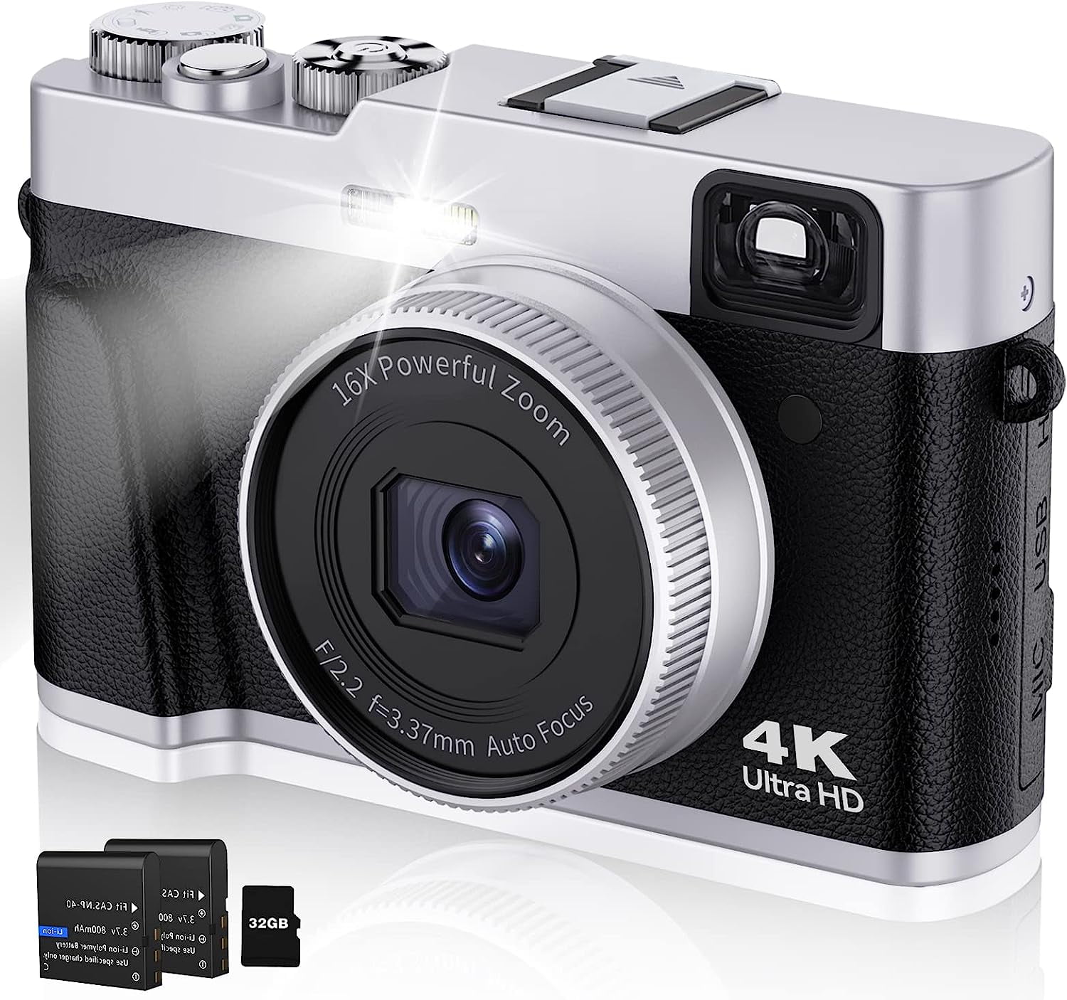 Compact 4K Melcam Camera, 48MP, Anti-Shake, Viewfinder, SD Card, 2 ...