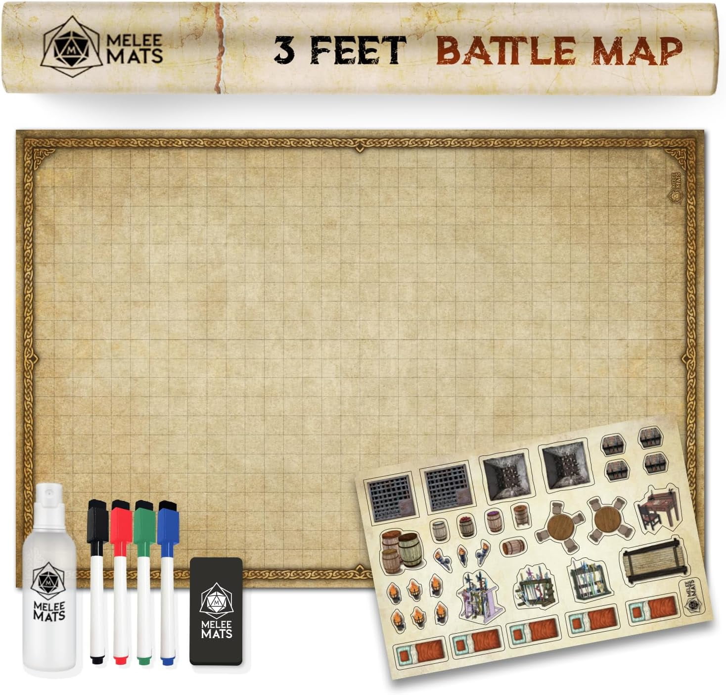 Melee Mats DND Map Starter Kit for Dungeons & Dragons Game - 24” x 36", Wet/Dry Erase Battle ...