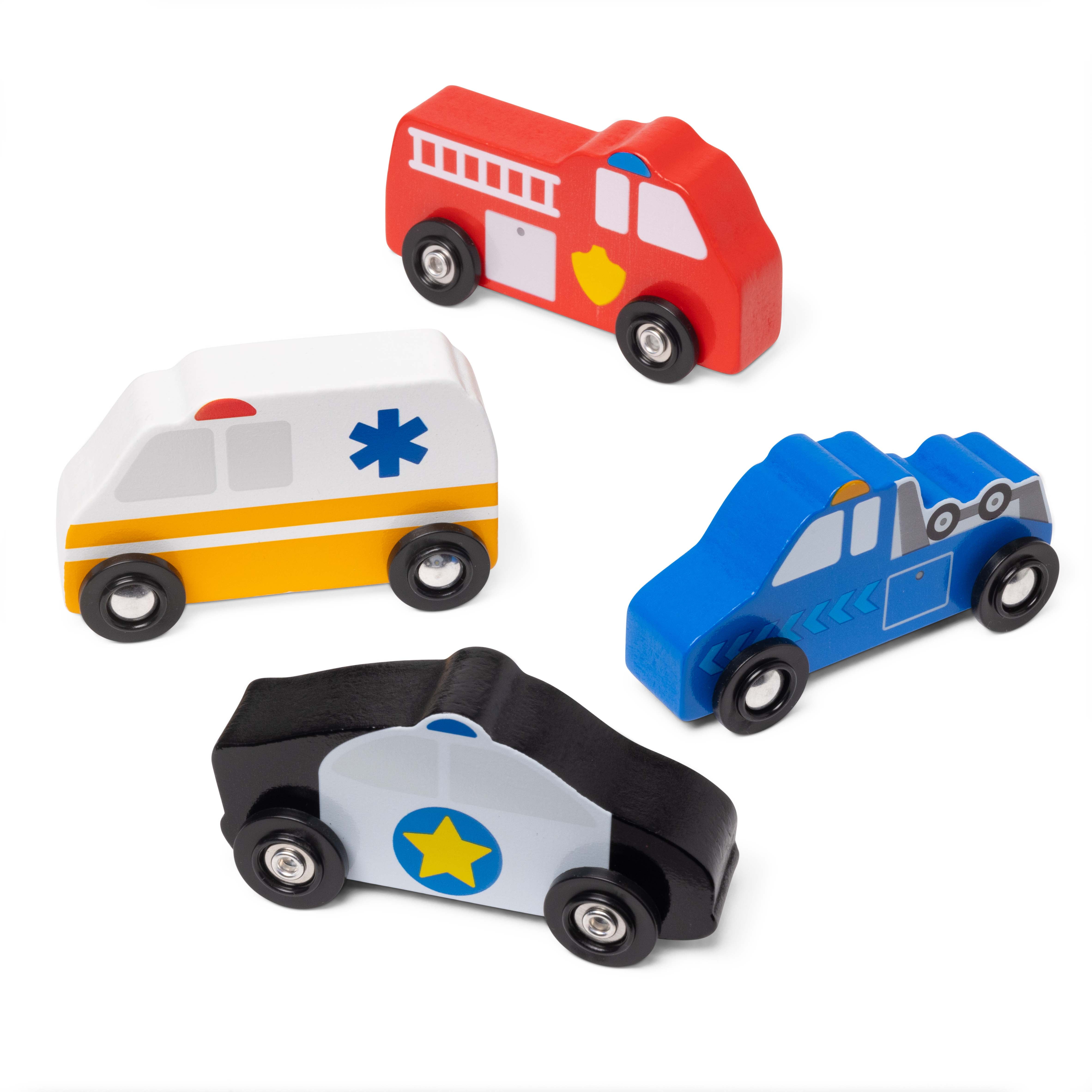 Melissa & Doug Wooden Rescue Vehicles Set, Includes Fire Truck, Tow ...