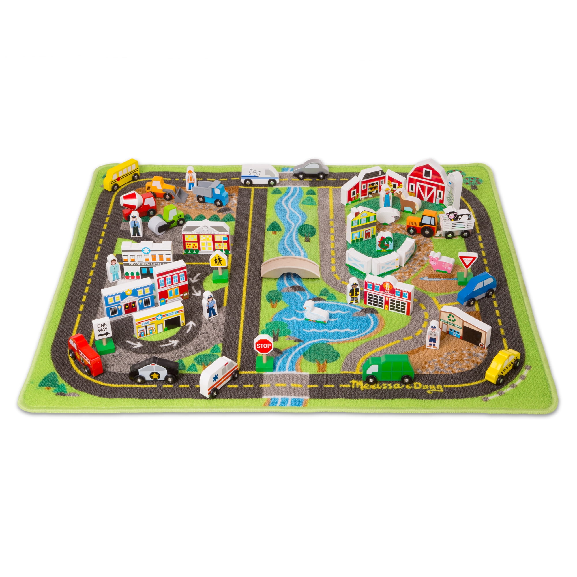 Melissa & Doug Deluxe Activity Road Rug Play Set with 49 Wooden ...