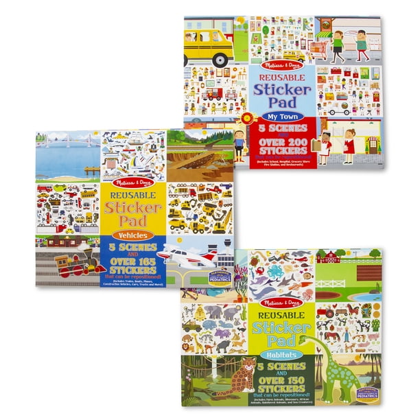 Melissa & Doug Reusable Sticker Pads Set: Habitats, Vehicles, Town: 115 ...