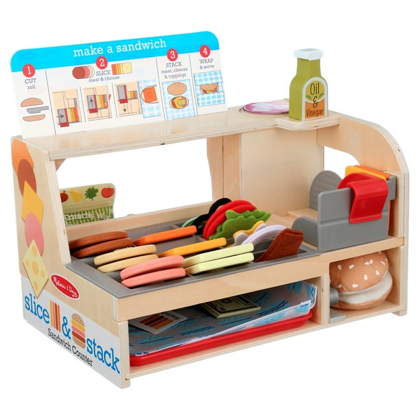 Melissa & Doug Wooden Slice & Stack Sandwich Counter with Deli Slicer – 56-Pieces - FSC ...