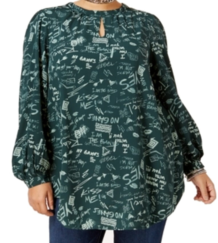 Melissa McCarthy Seven7 NEW Green Doodle-Print 0X Plus Keyhole Blouse ...
