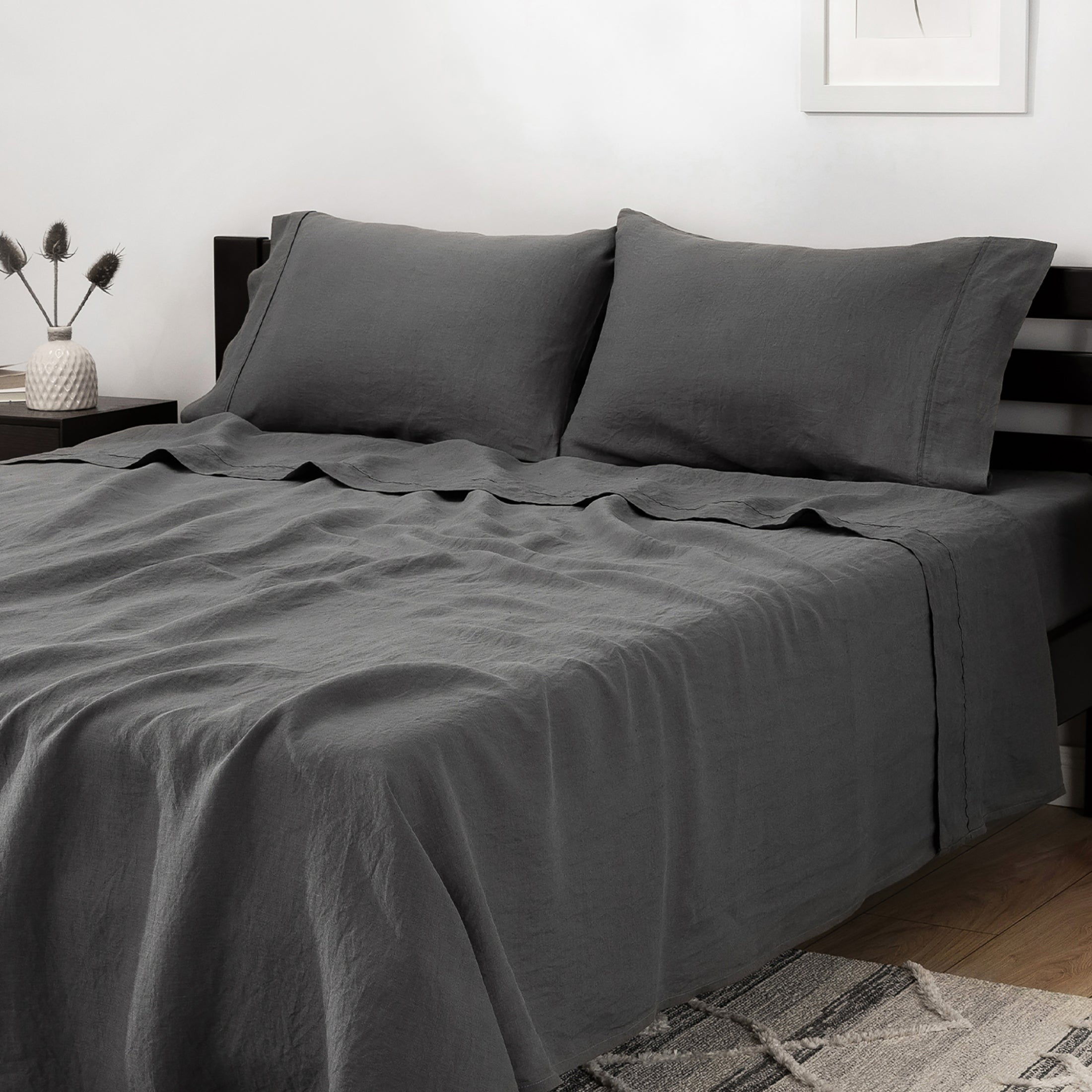Mellanni 100% Flax Linen 3-Piece 135 GSM Gray Linen Sheet Set, Twin ...