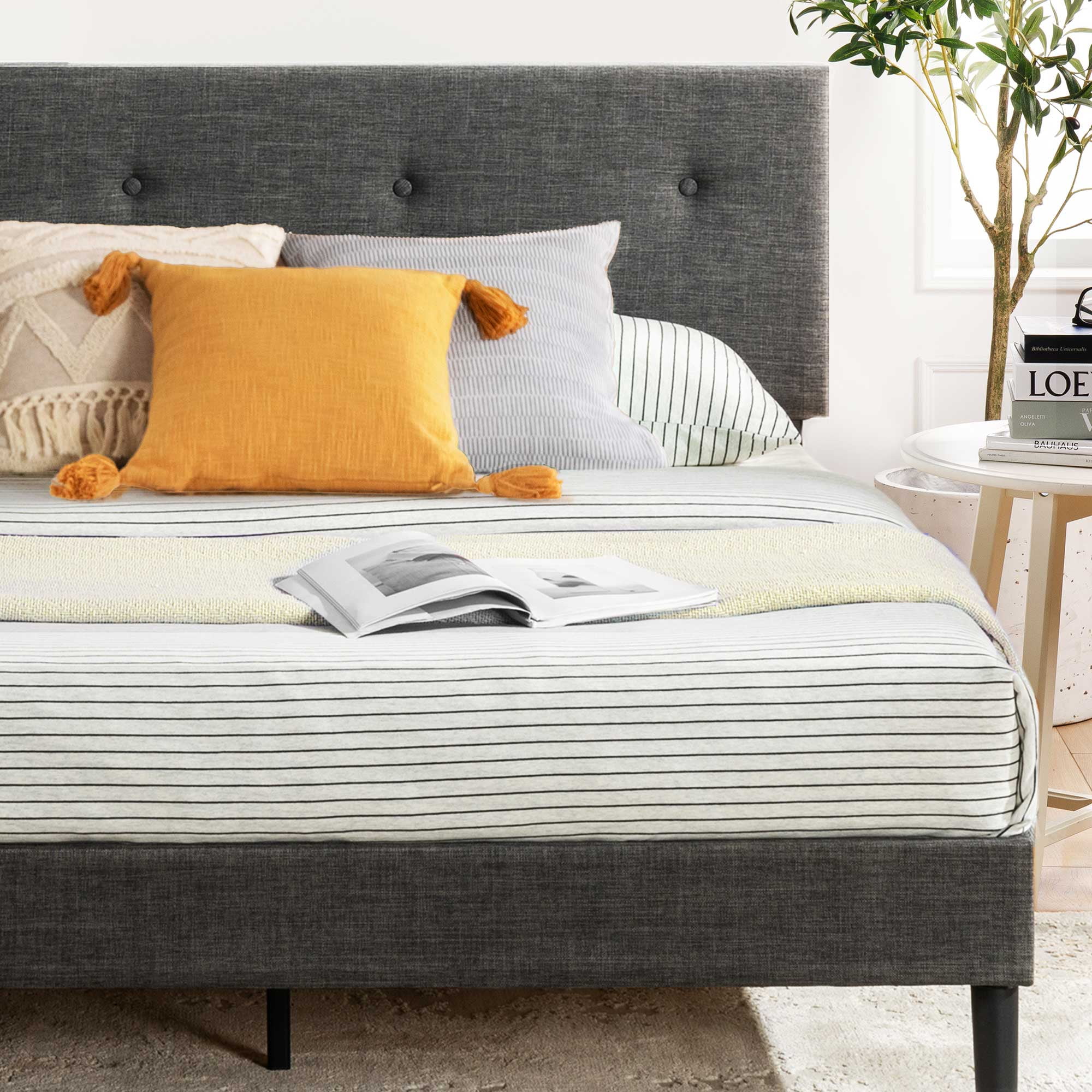Mellow Alva Upholstered Platform Bed Frame with Headboard, Dark Grey ...