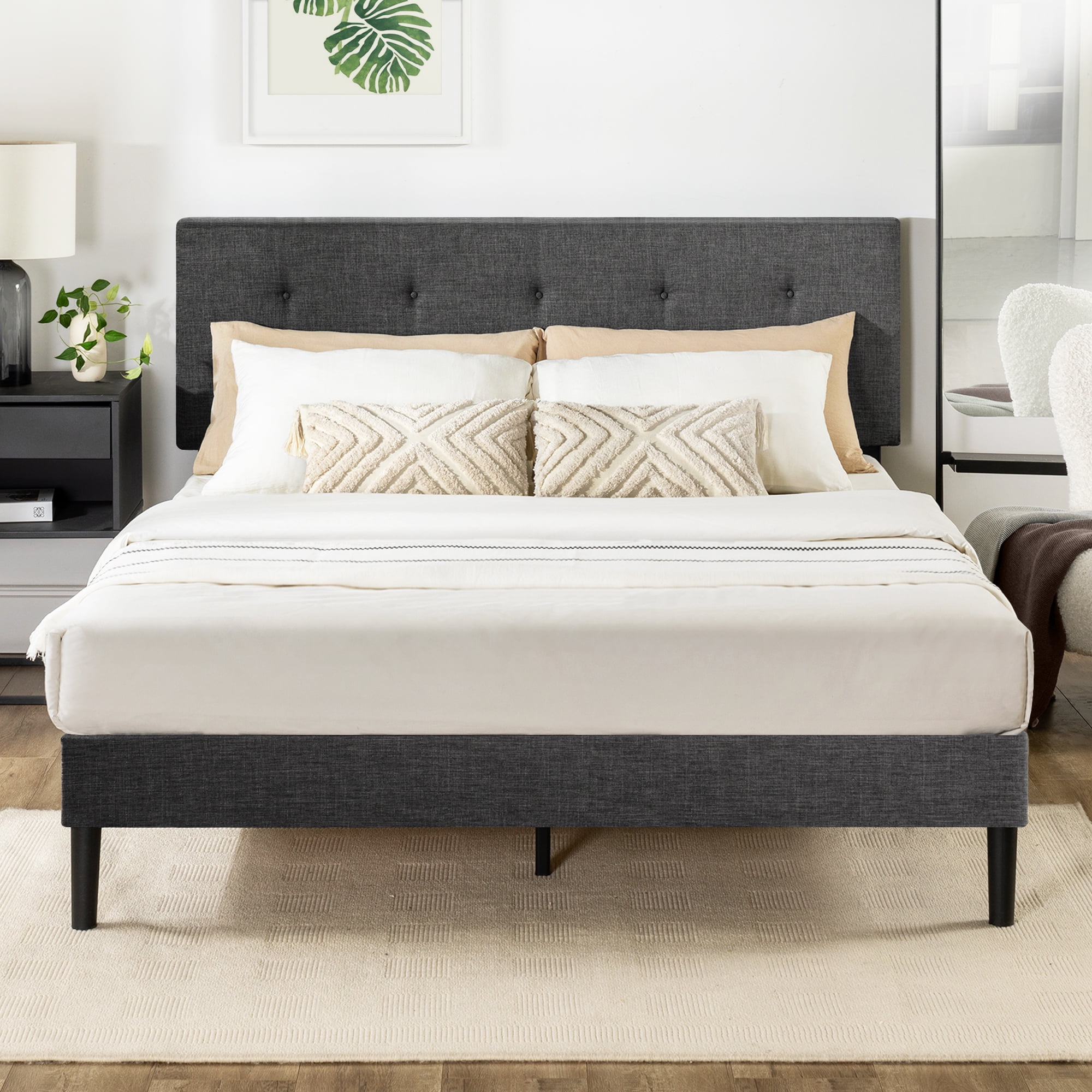 Mellow King Upholstered Platform Bed Frame with Headboard, Dark Gray ...