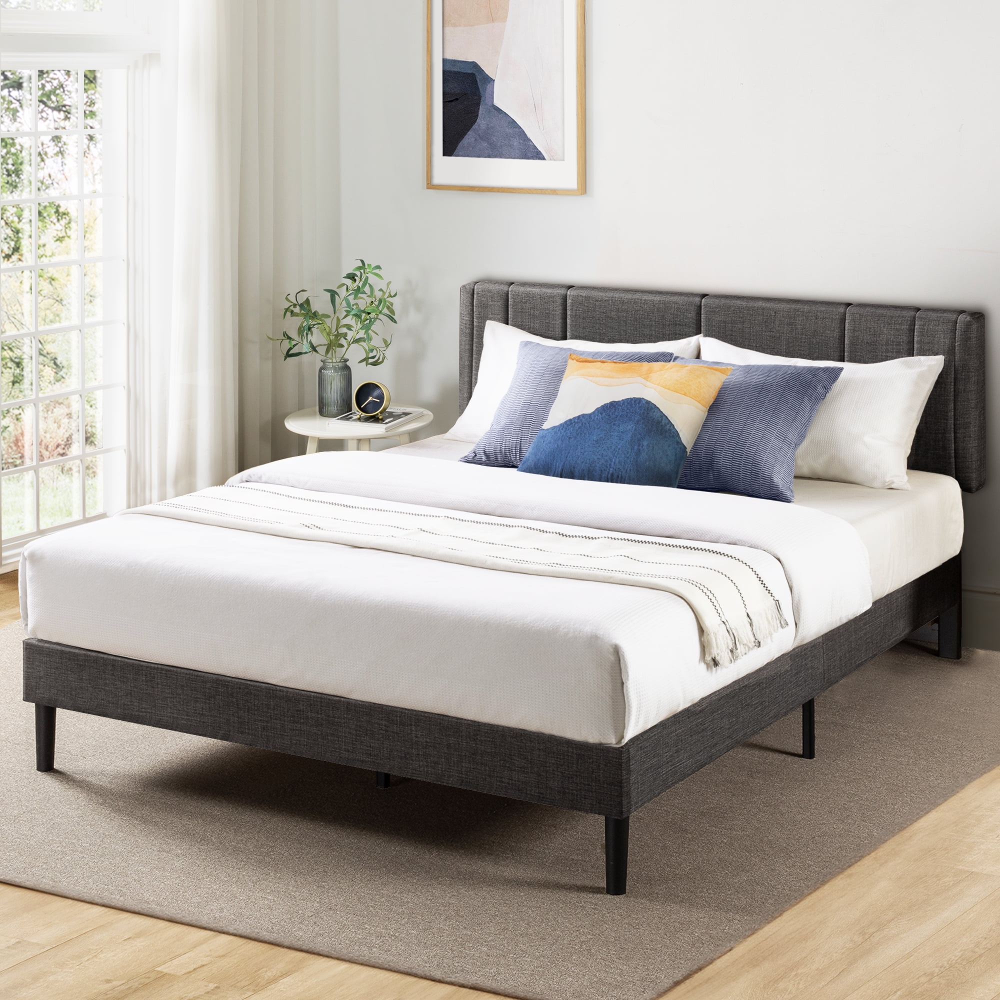 Mellow Soley Upholstered Platform Bed Frame with Headboard, Dark Grey ...