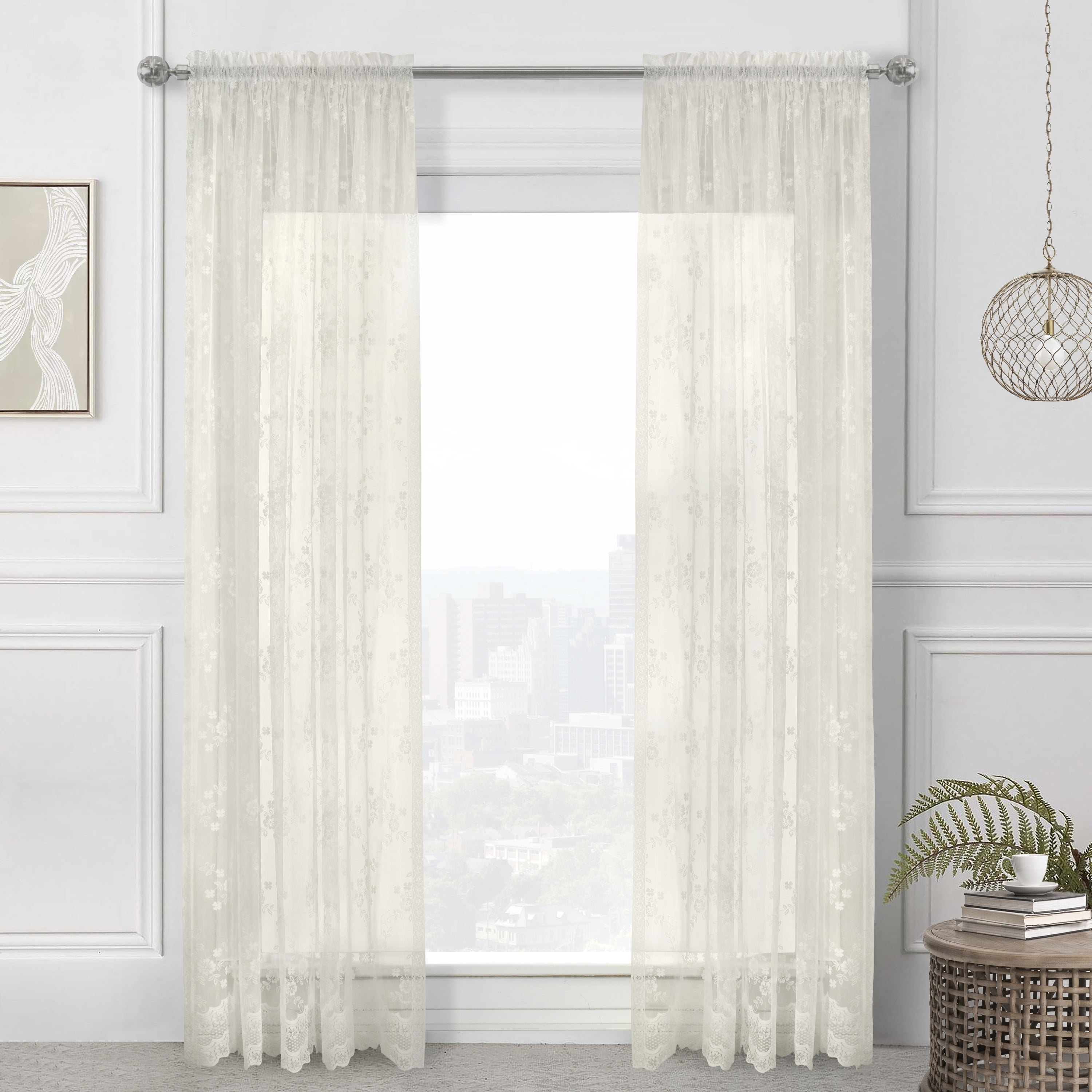 Loft Living Melody Sheer Lace Curtain Panel 56 x 84 Eggshell Scalloped ...