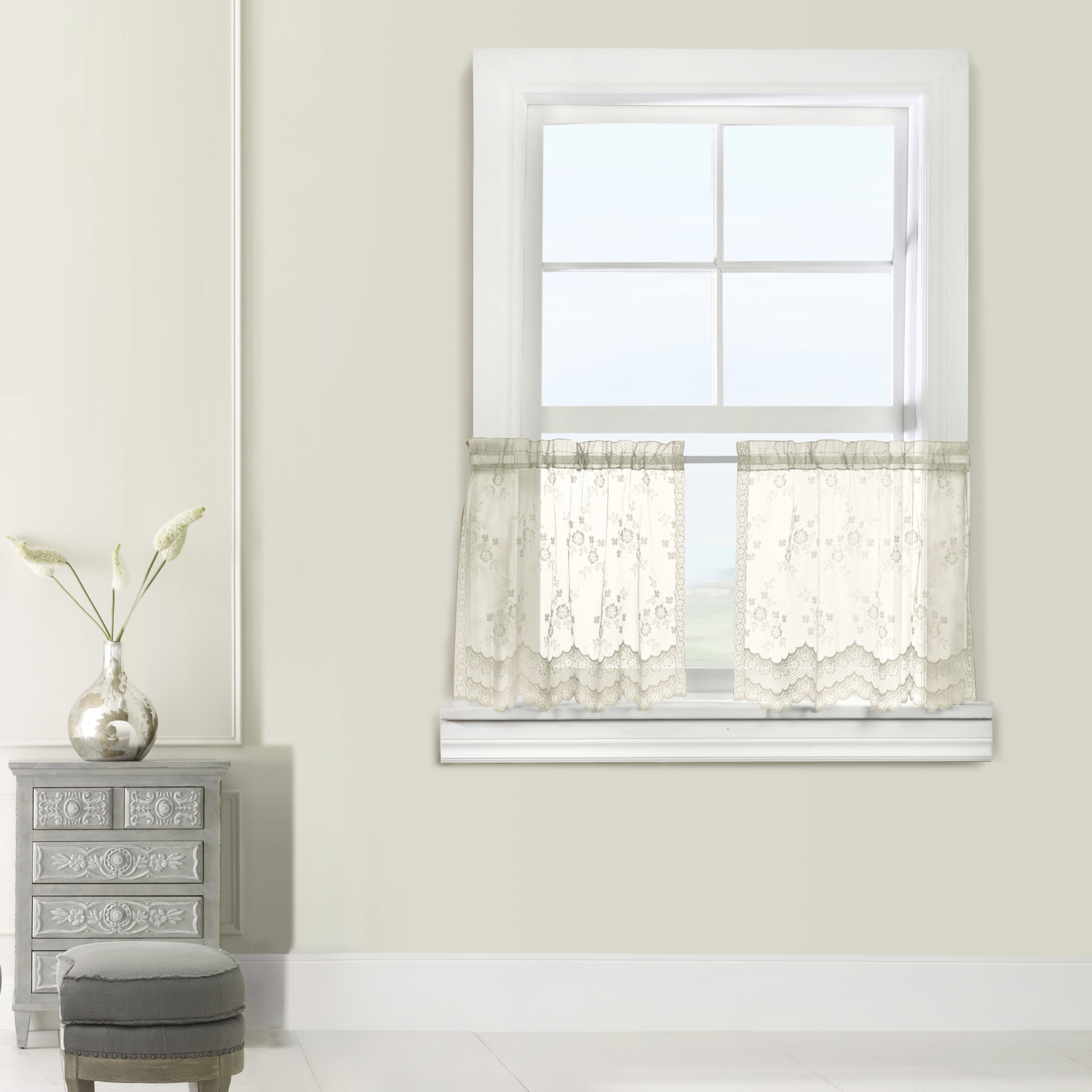 Melody Jacquard Lace Window Curtain Tiers Pair 56" x 36" in Eggshell ...