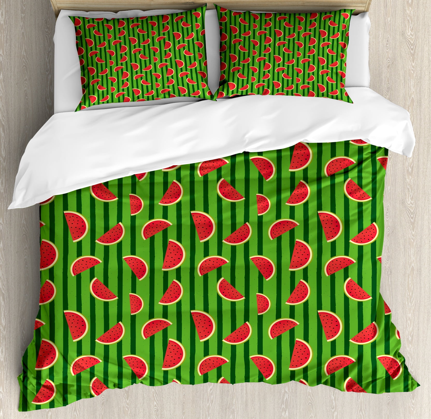 Melon Duvet Cover Set, Cartoon Watermelon Slices on Vertical Stripes ...