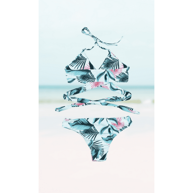Meloriaswim Flower Leaf Prints Padded Halter Neck Lace Up Sexy Two