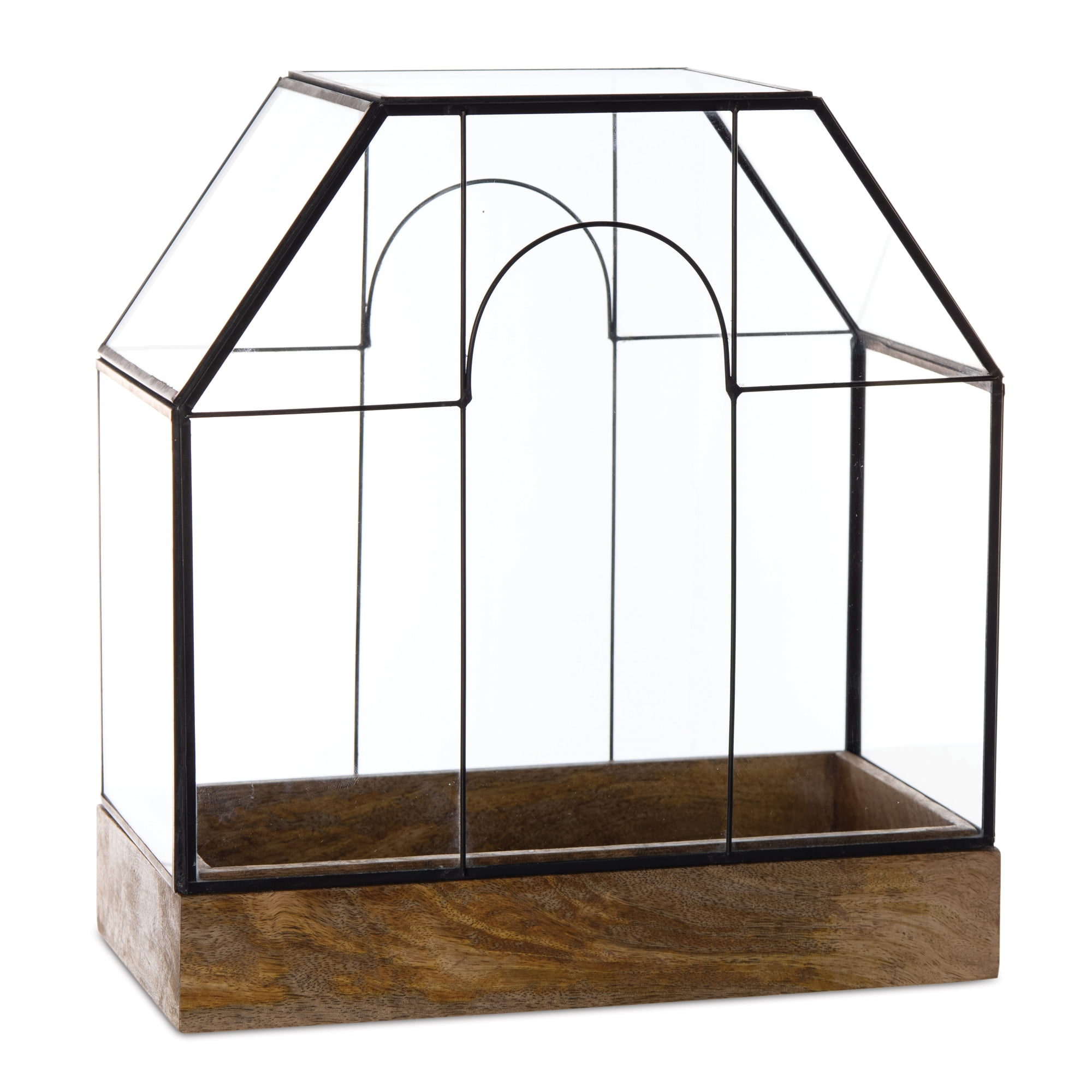 Melrose 12.75" Brown and Black Glass Tabletop Terrarium with Wood Base ...