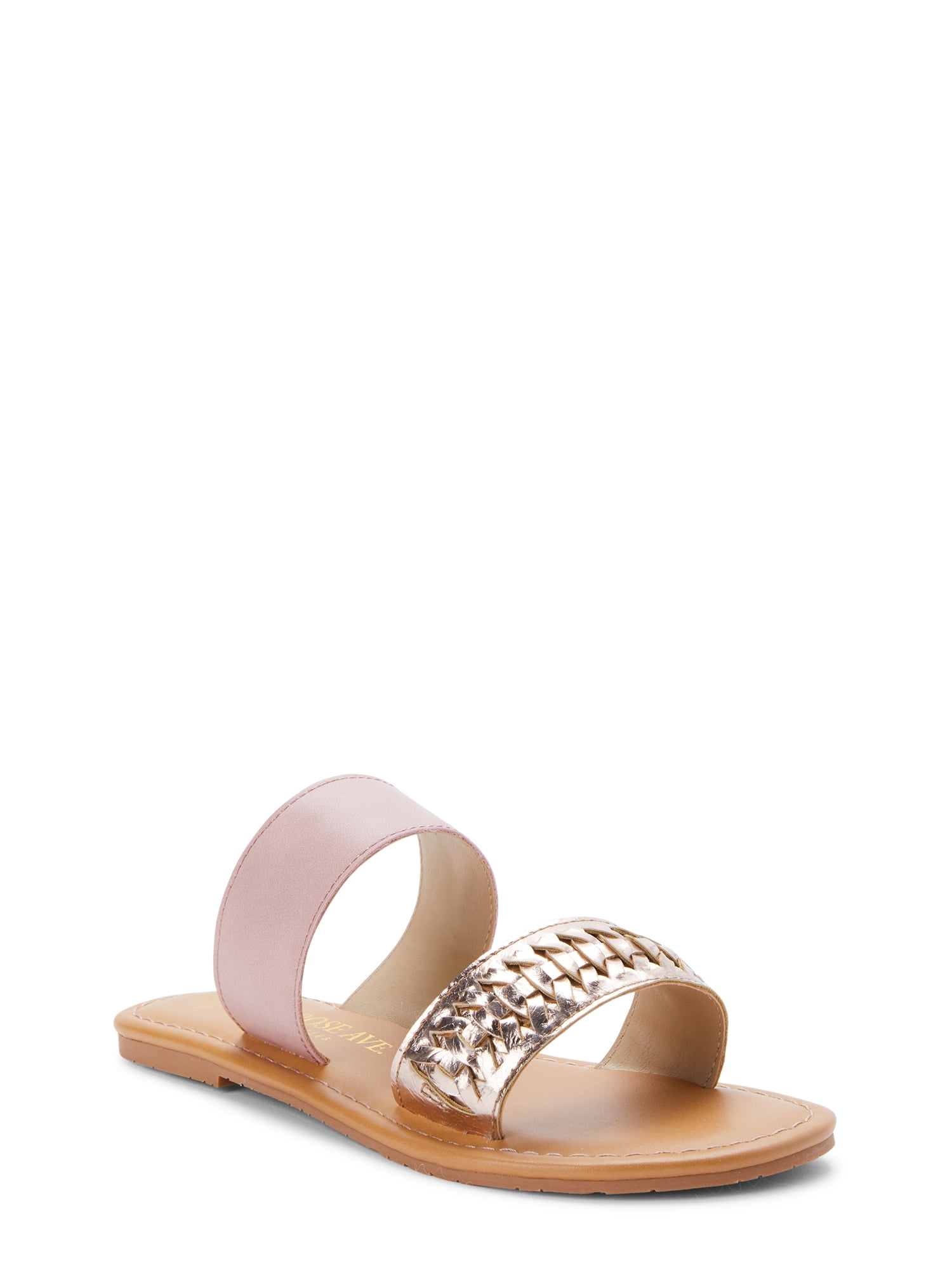 Melrose Ave Women's Faux Leather Two Strap Flat Slide Sandals - Walmart.com