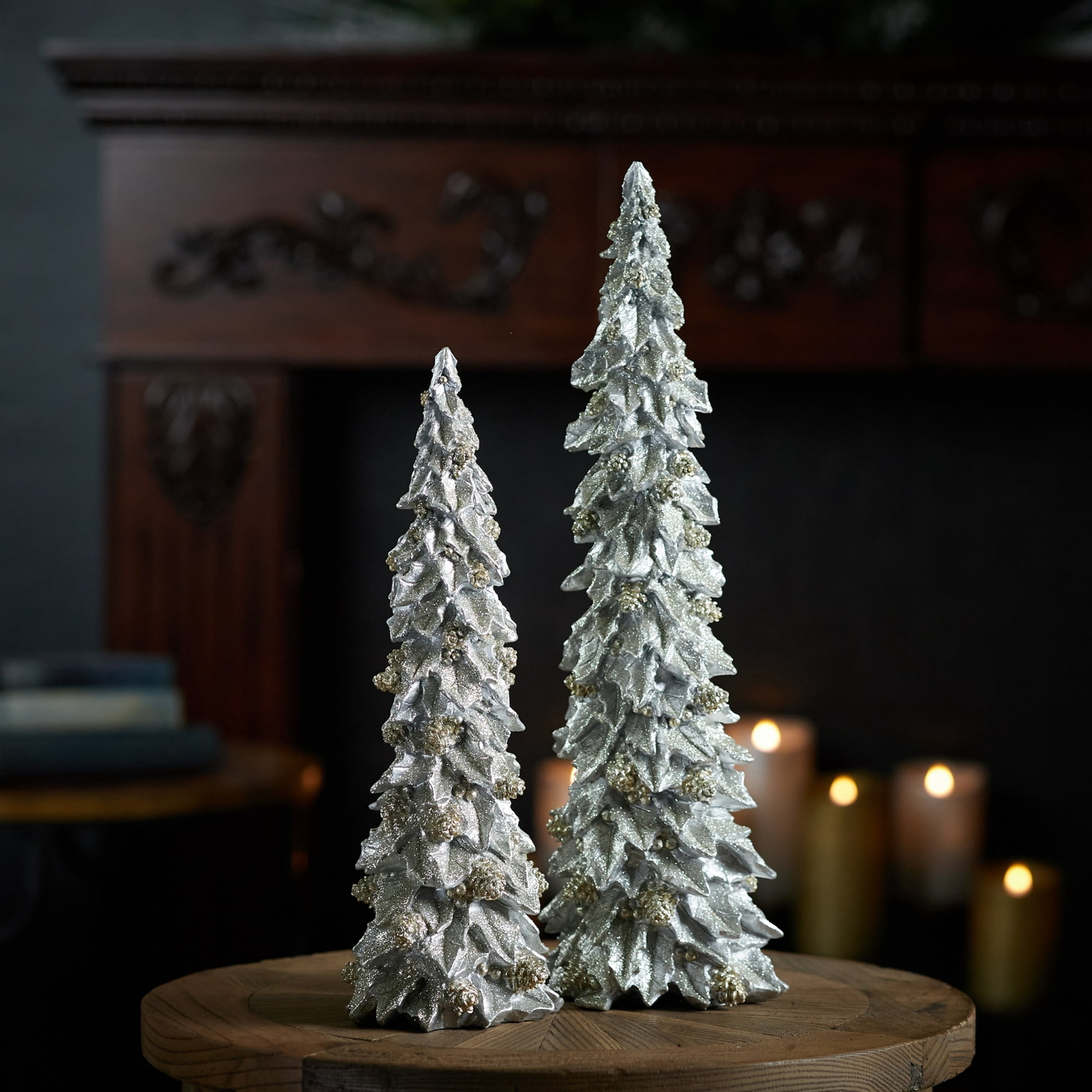 Melrose Glittered Holly Leaf Pine Christmas Trees - 13.5" - Silver and ...