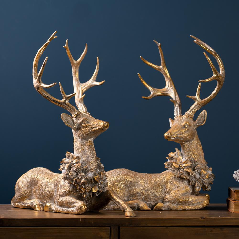 Melrose Christmas Decor - Gold Finished Deer Figurines with Lighted Wreath (Set of 2) - Walmart.com