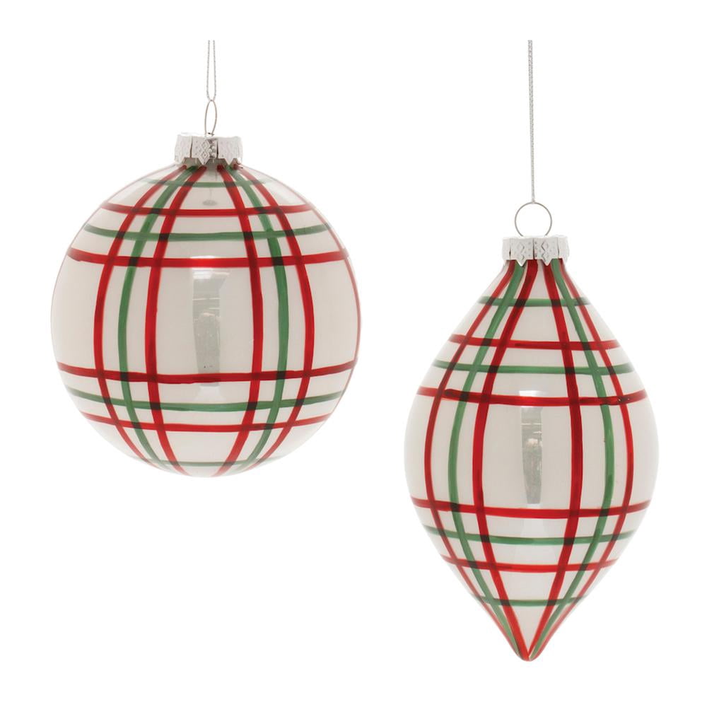 Melrose Plaid Glass Christmas Ornaments - 6" - White and Red - 6ct ...