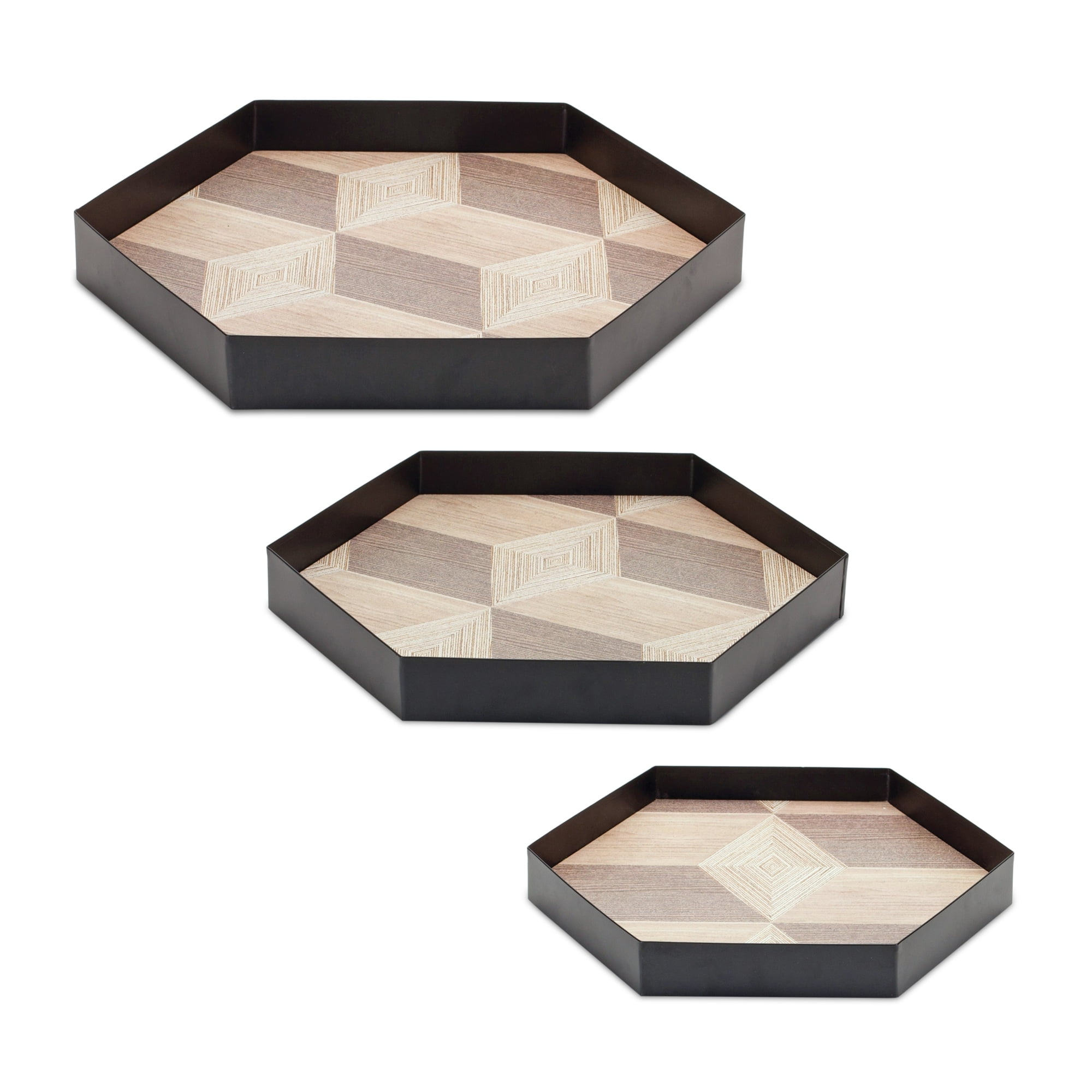 Melrose Geometric Hexagonal Trays - 12" - Brown and Black - Set of 3 ...