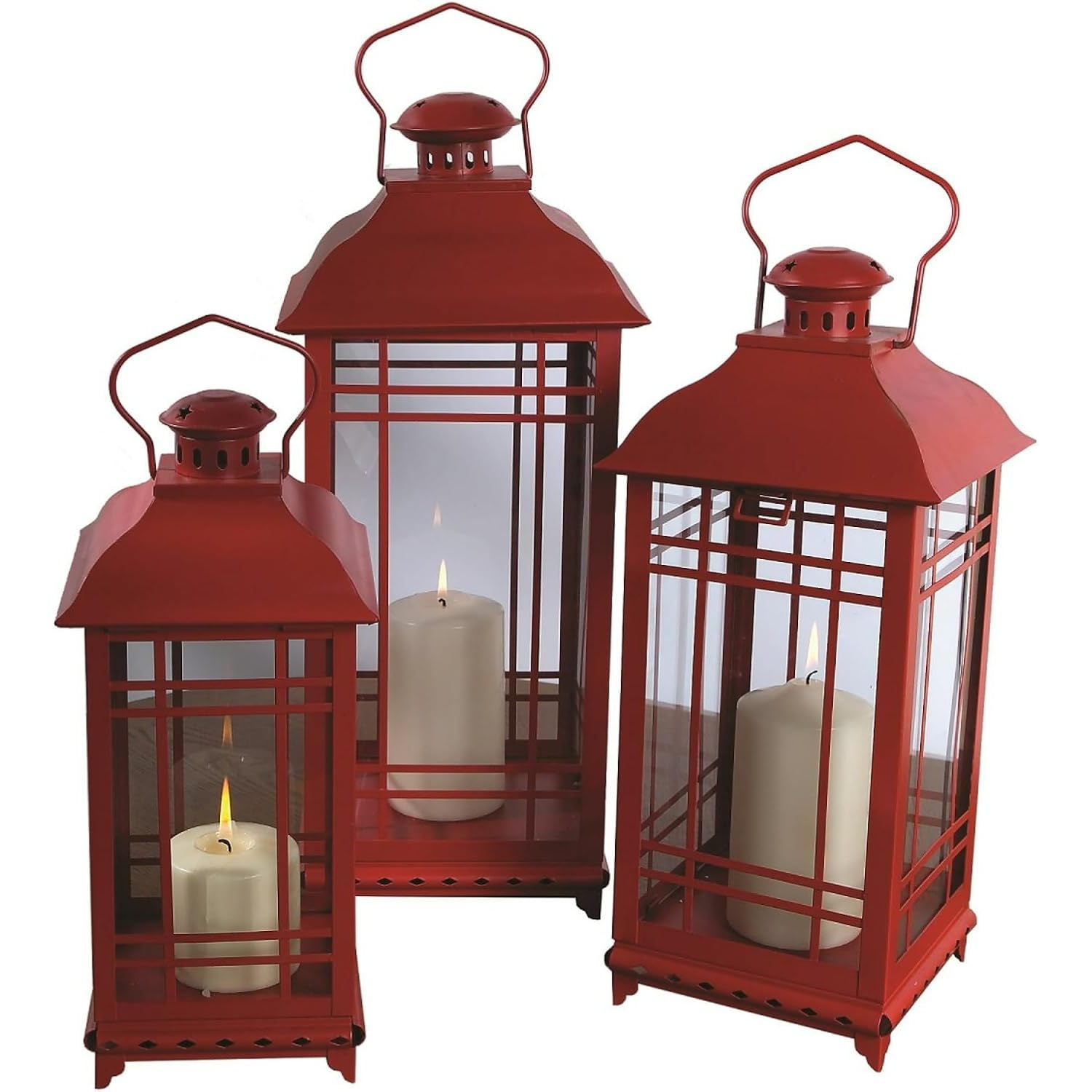 Melrose Lantern, Metal & Glass, Set of 3, Red, Candle Lantern Rustic ...