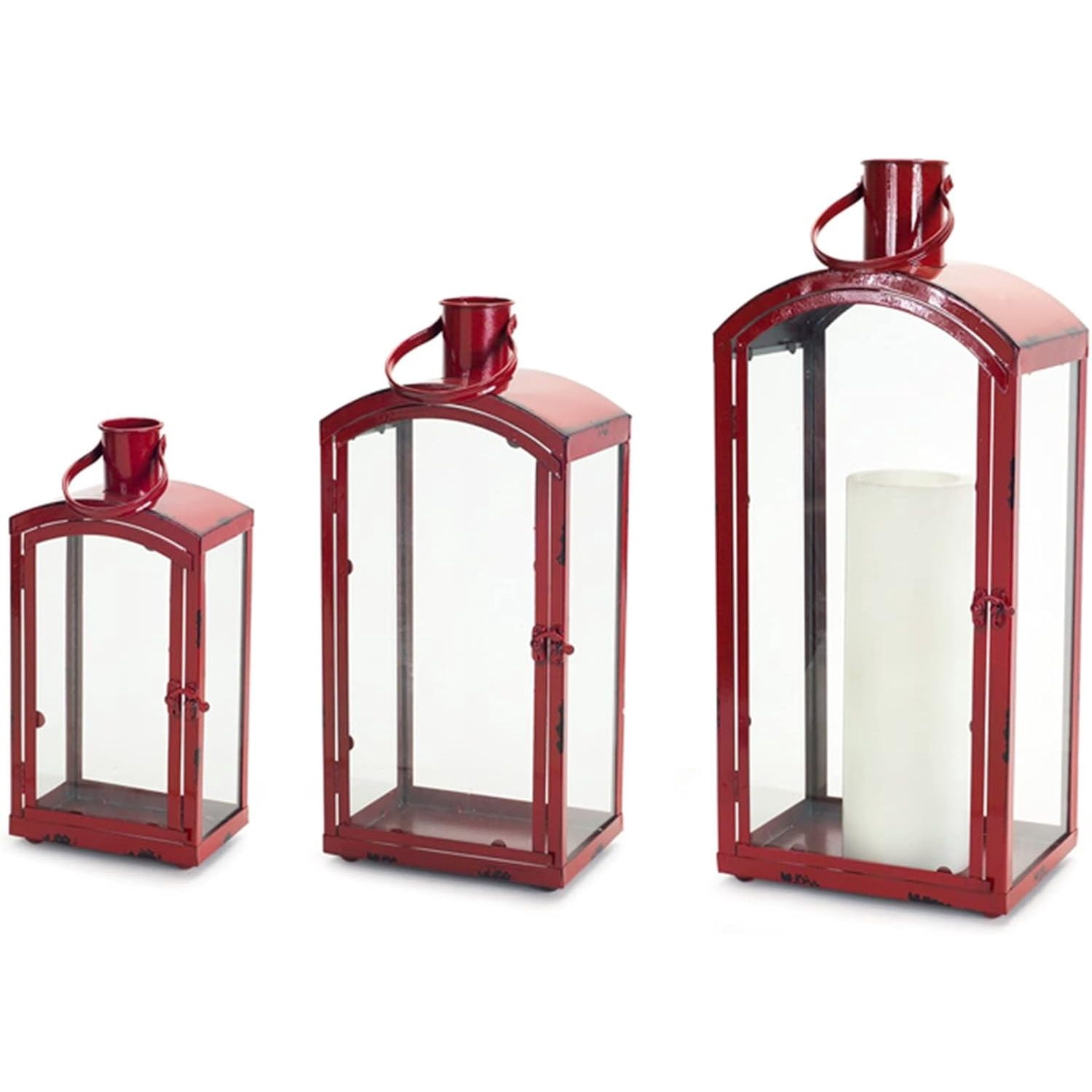 Melrose Red Metal and Glass Lanterns, Set of 3, Metal and Glass ...