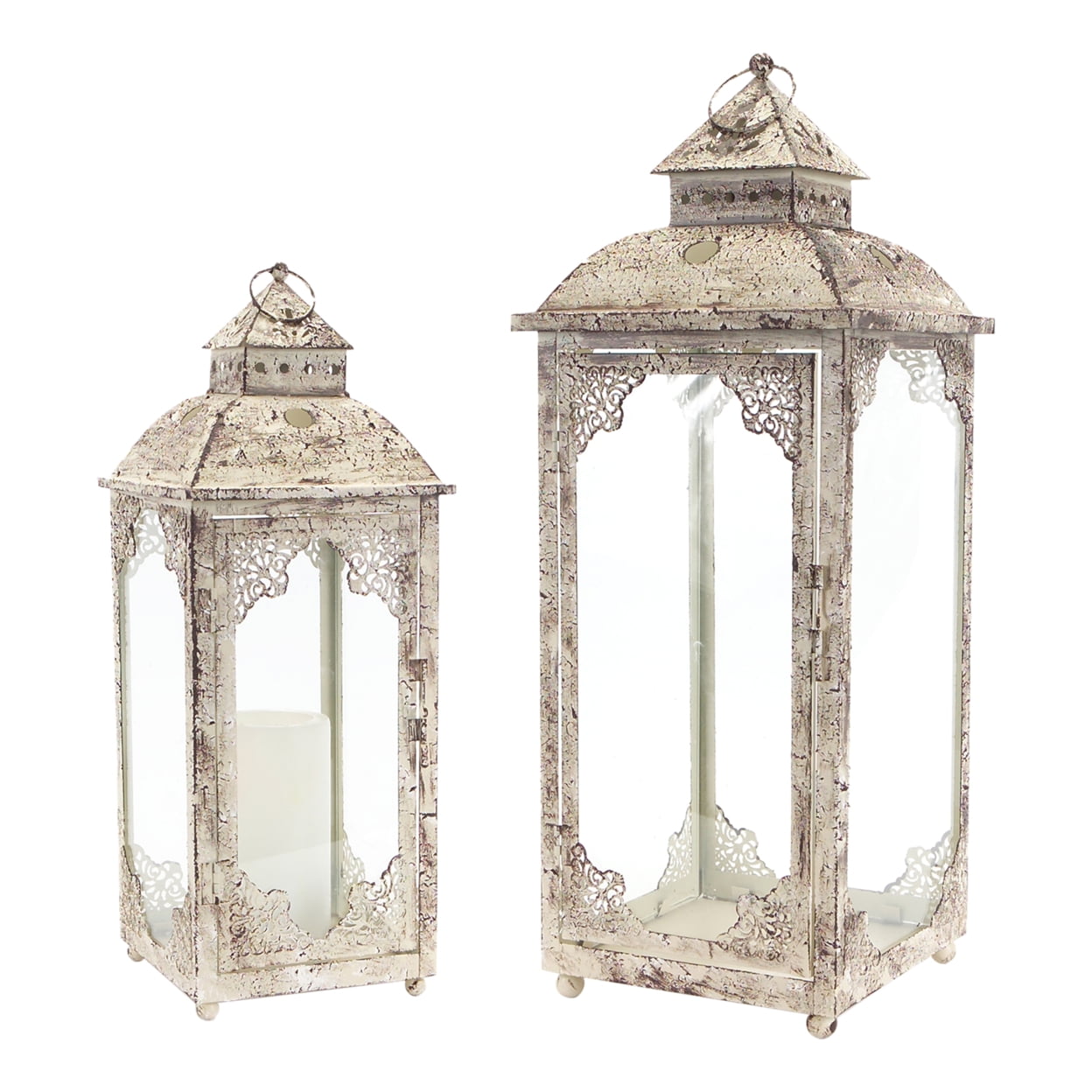 Melrose Tall Candle Decor, Set of 2 Distressed Cream Finish Lanterns ...