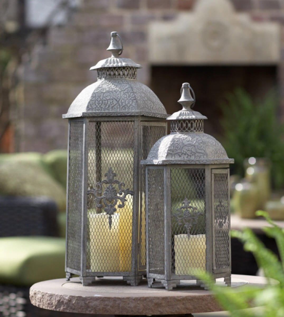 Melrose Set of 2 Antique Mesh Lantern Pillar Candle Lanterns 25.5 ...