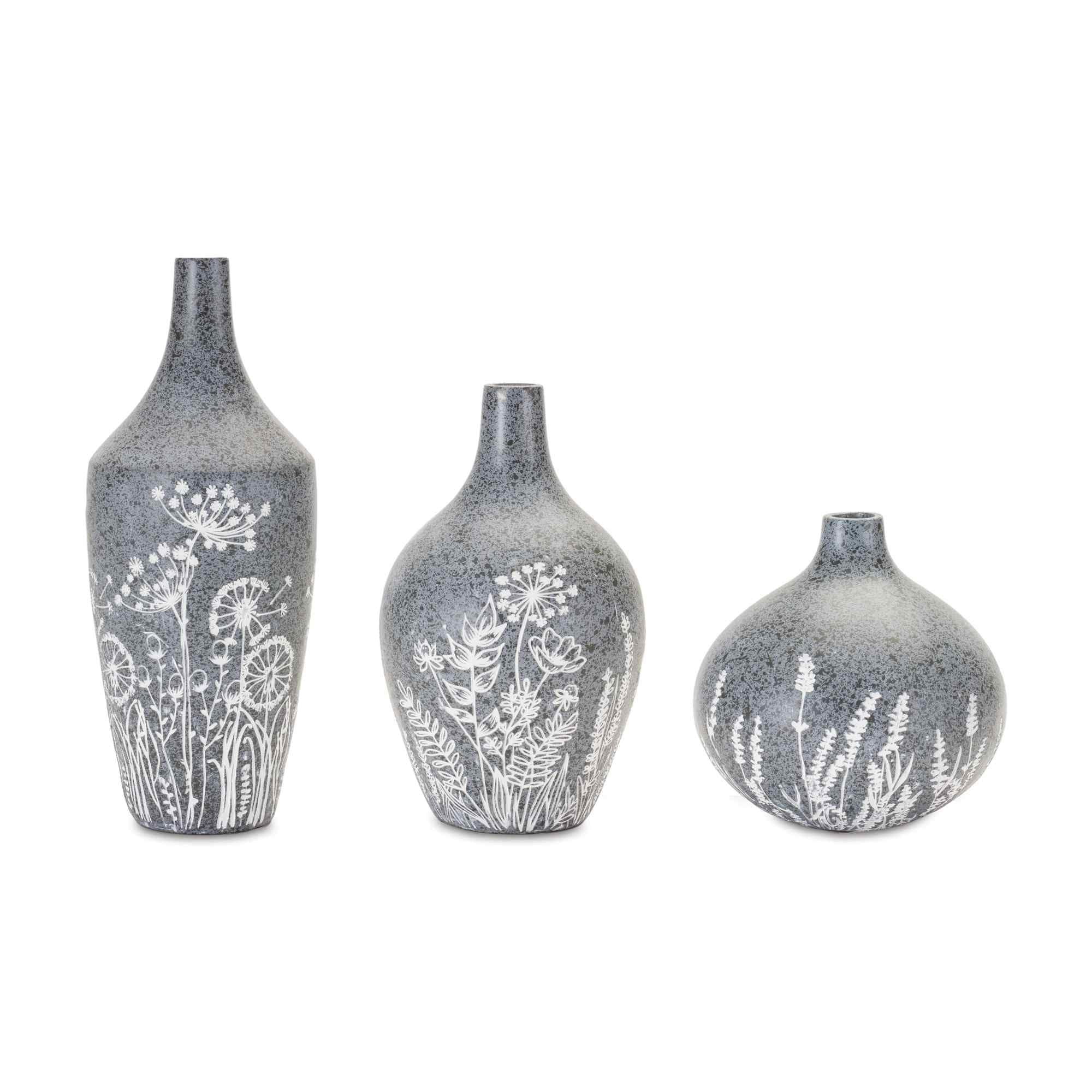 Melrose Set of 3 Rustic Gray and White Floral Etched Bottle Vases 9 ...