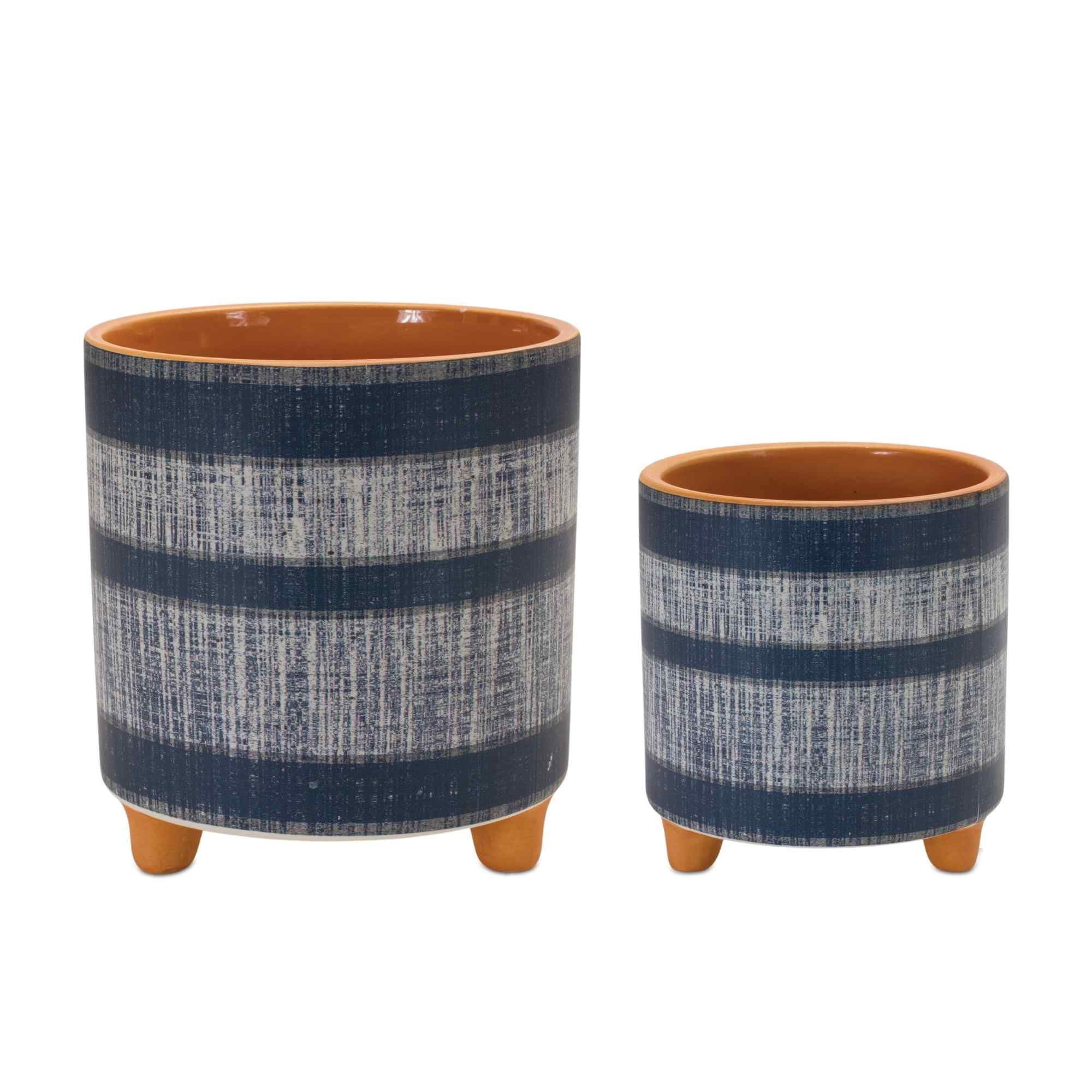 Melrose Striped Footed Planters - 6" - Navy Blue and White - Set of 2 ...