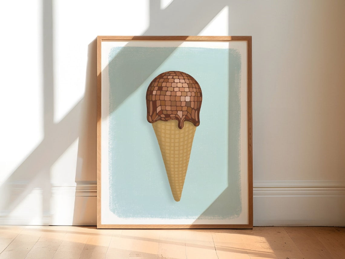 Melted Disco Ball Chocolate Ice Cream Cone Art Print, Disco Ball Decor ...
