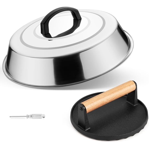 Melting Dome & Cast Iron Grill Press, 12" Basting Cover with Round ...