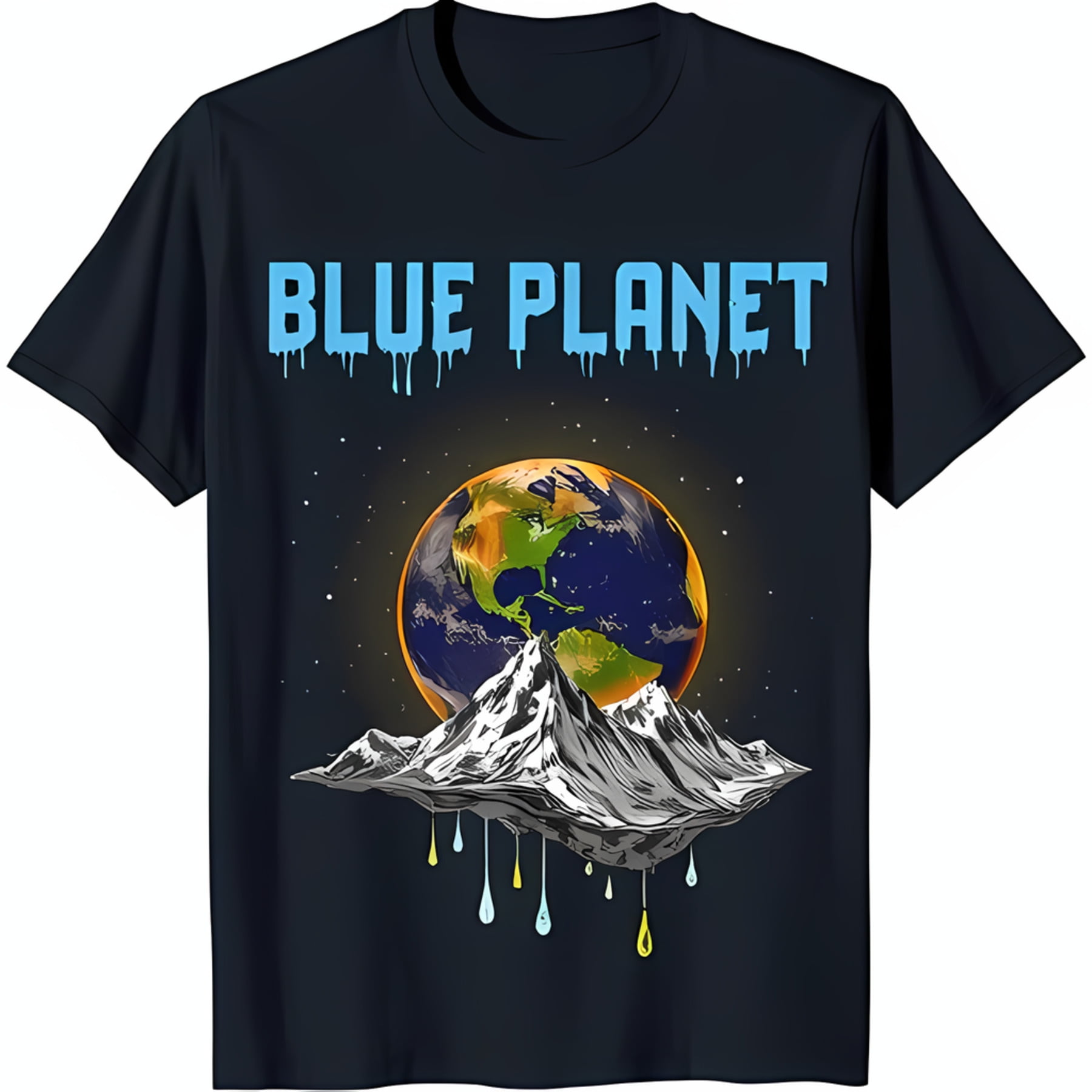 Melting Earth Globe Graphic Black T-Shirt Dripping Blue 'BLUE PLANET ...