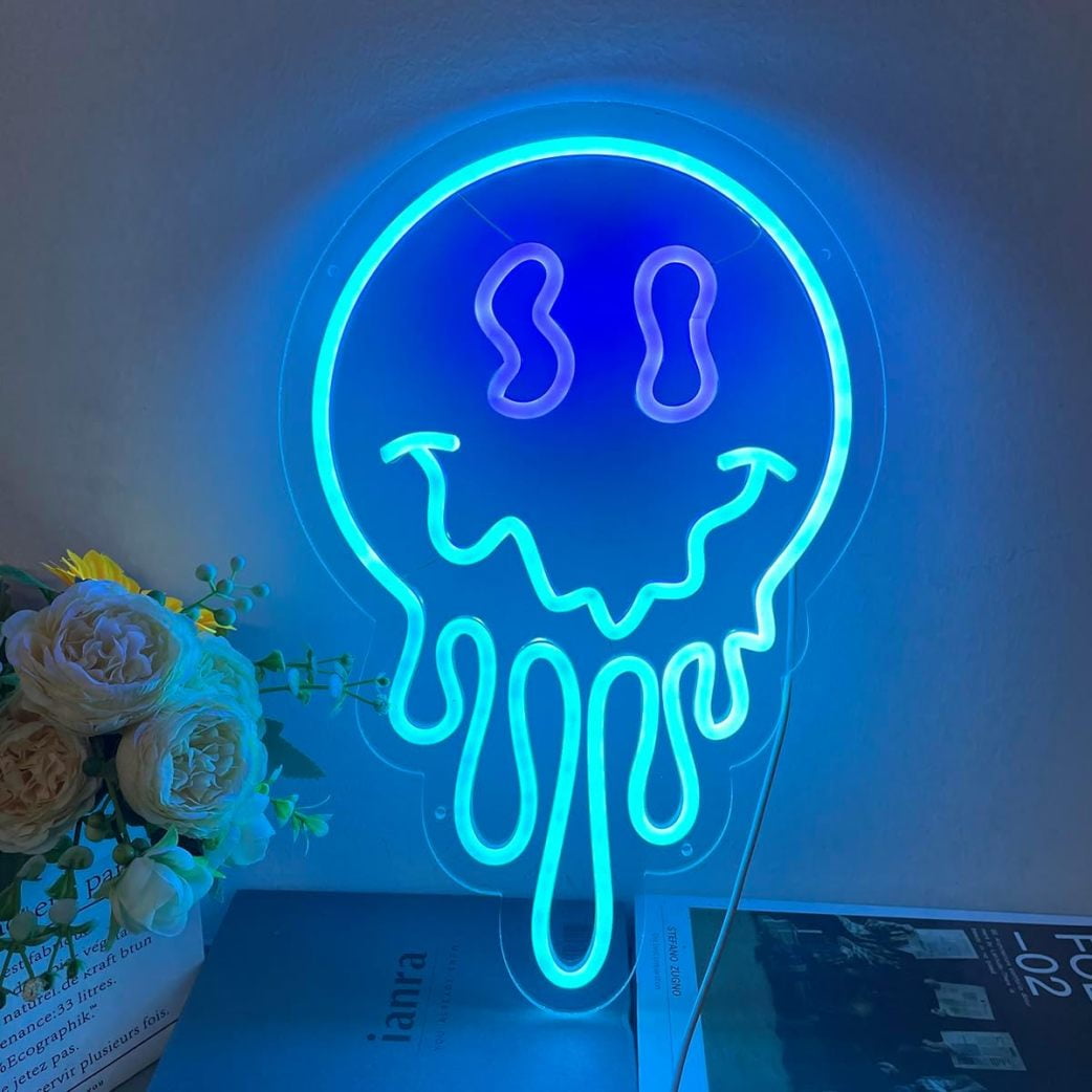 Melting Smile Face Neon Sign Happy Face Led Art Neon Light Blue Vibes ...