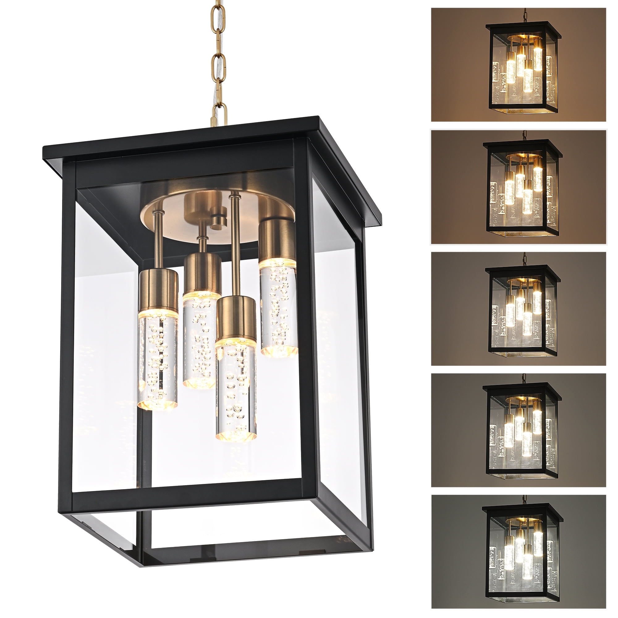 Melucee 4-Light Exterior Ceiling Lights Black Brass Lantern 5CCT Large Outdoor Pendant Light ...