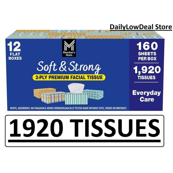 Member’s Mark 2-Ply Facial Tissues, Flat Boxes (160 tissues/box, 12 ...