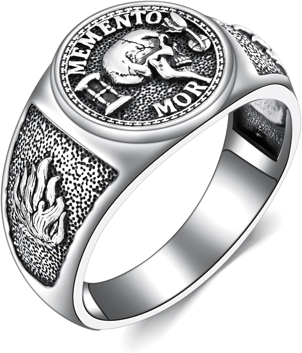 Memento Mori Signet Rings 925 Sterling Silver Gothic Skull Ring Stoic ...