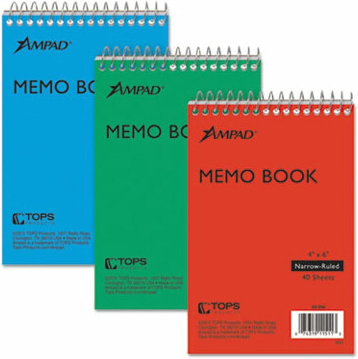 Memo Pads, Narrow Rule, Assorted Cover Colors, 40 White 4 X 6 , 3/Pack ...