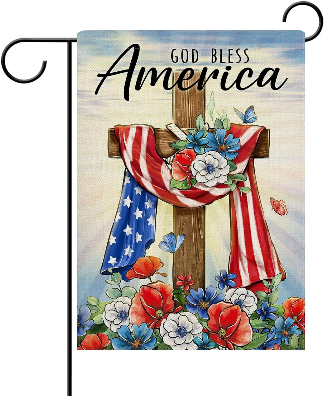 Memorial Day God Bless America Decorative Garden Flag, 4th of July Patriotic Religious Cross ...