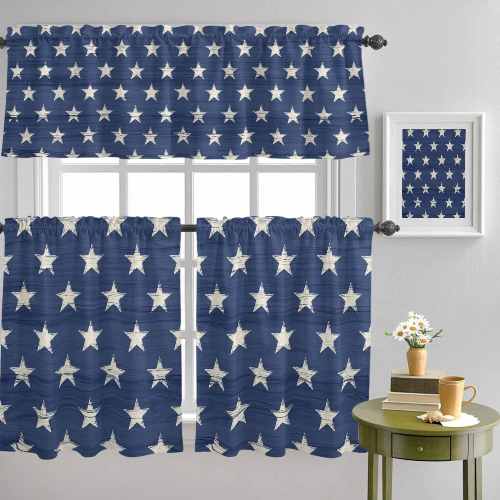 Memorial Day Patriotic Star White Blue Curtain Tier and Valance Set 3 ...