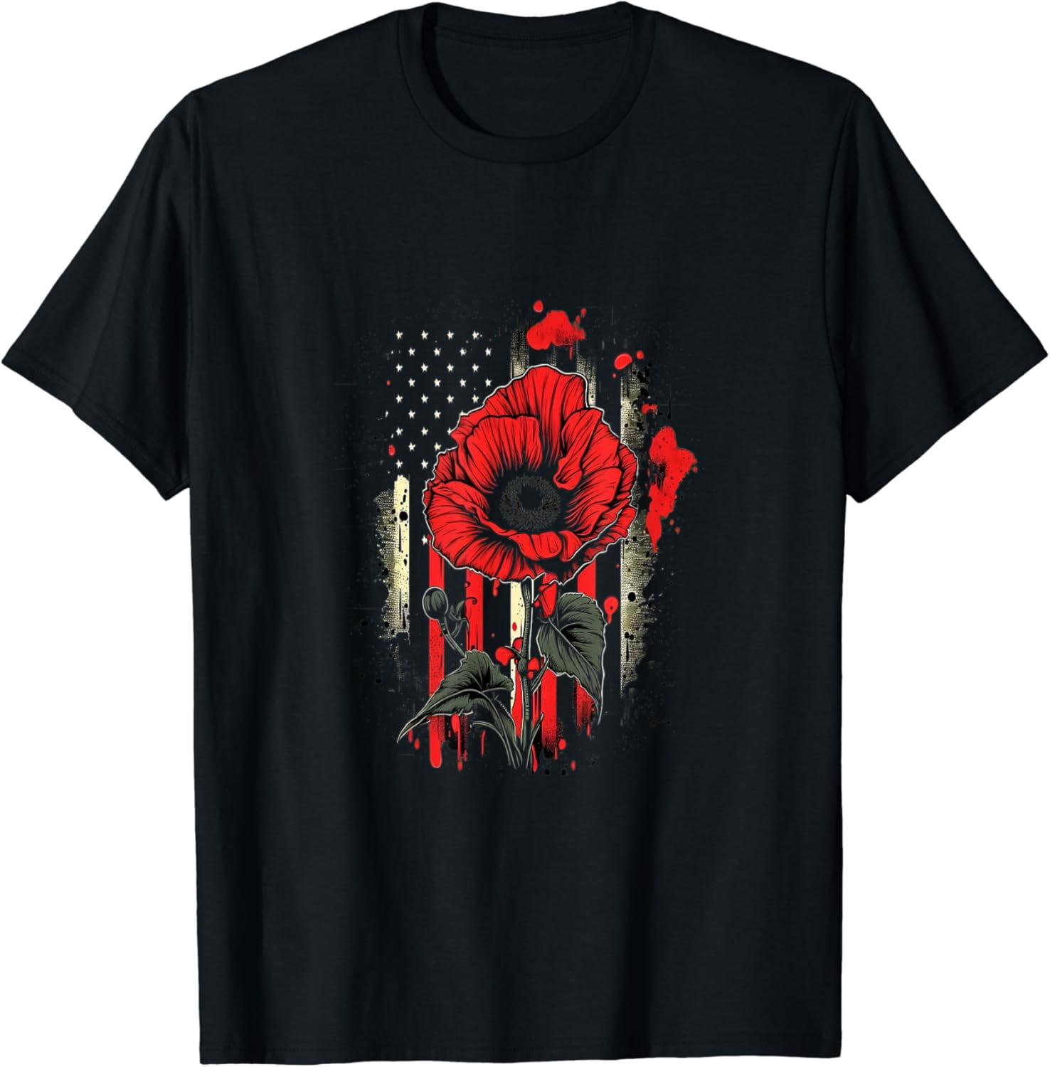 Memorial Day Red Poppy Flower American Flag USA 4th of July T-Shirt ...