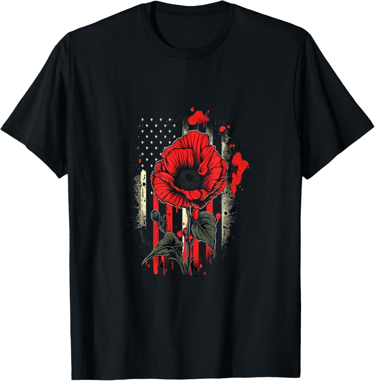 Memorial Day Red Poppy Flower American Flag USA 4th of July T-Shirt ...