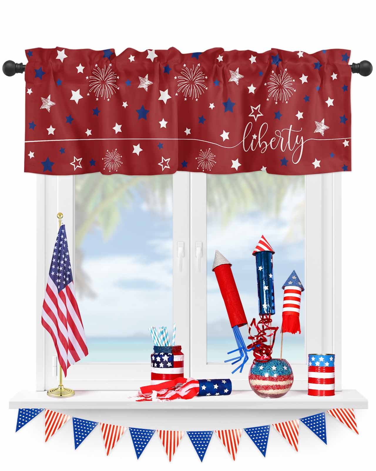 Memorial Day White Blue Star on Red Curtain Valances for Kitchen ...