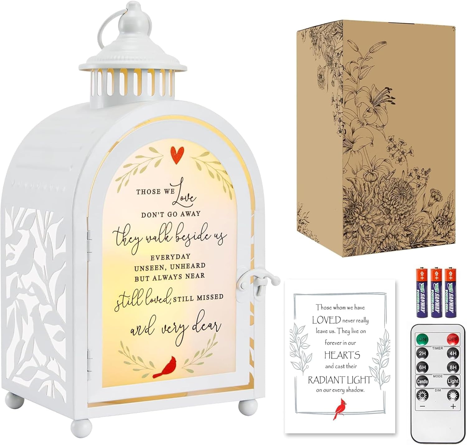 Memorial Lantern with Flickering LED Candle and Remote Control White ...